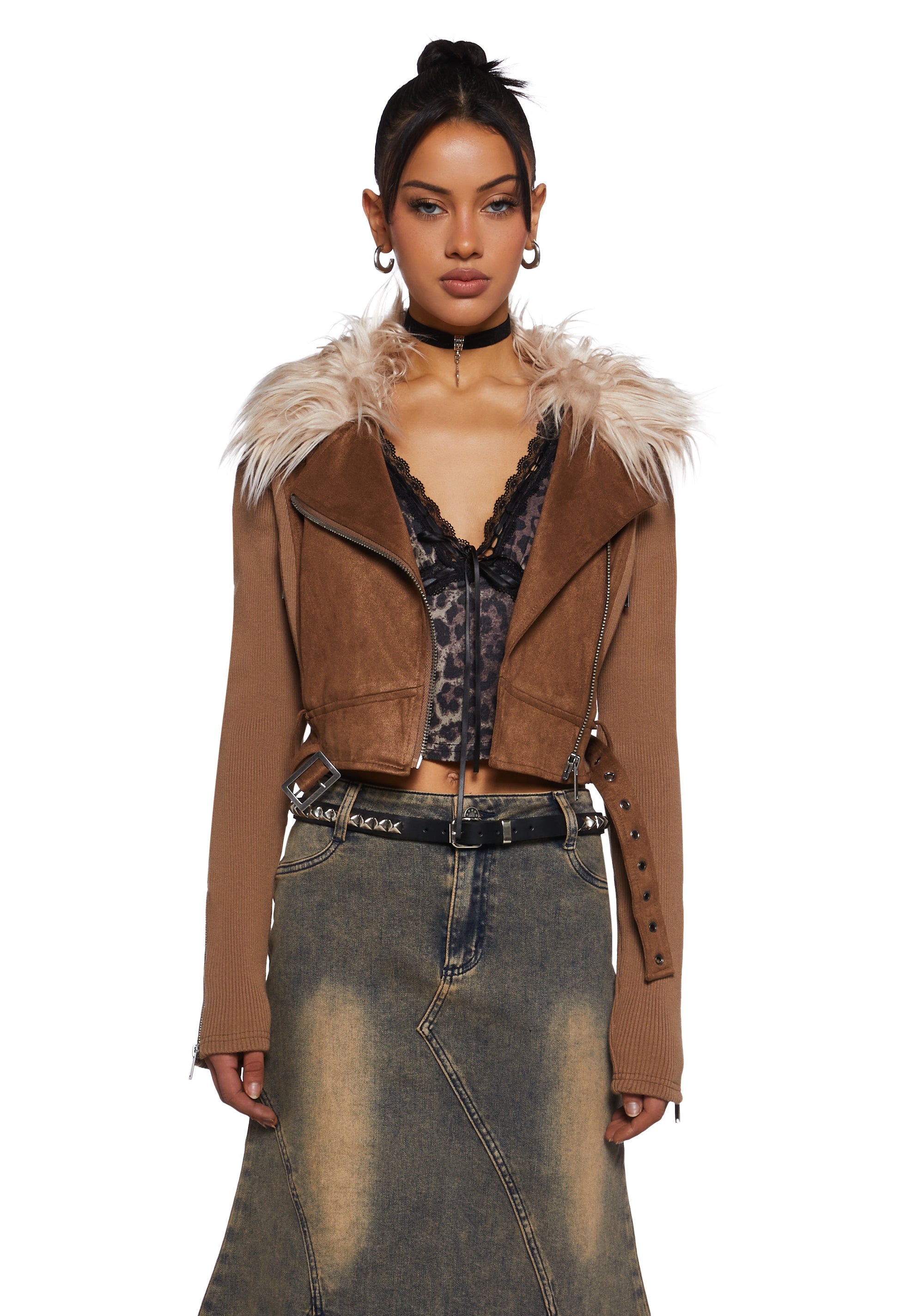 Faux Suede Ribbed Moto Jacket Delia's - Brown – Dolls Kill