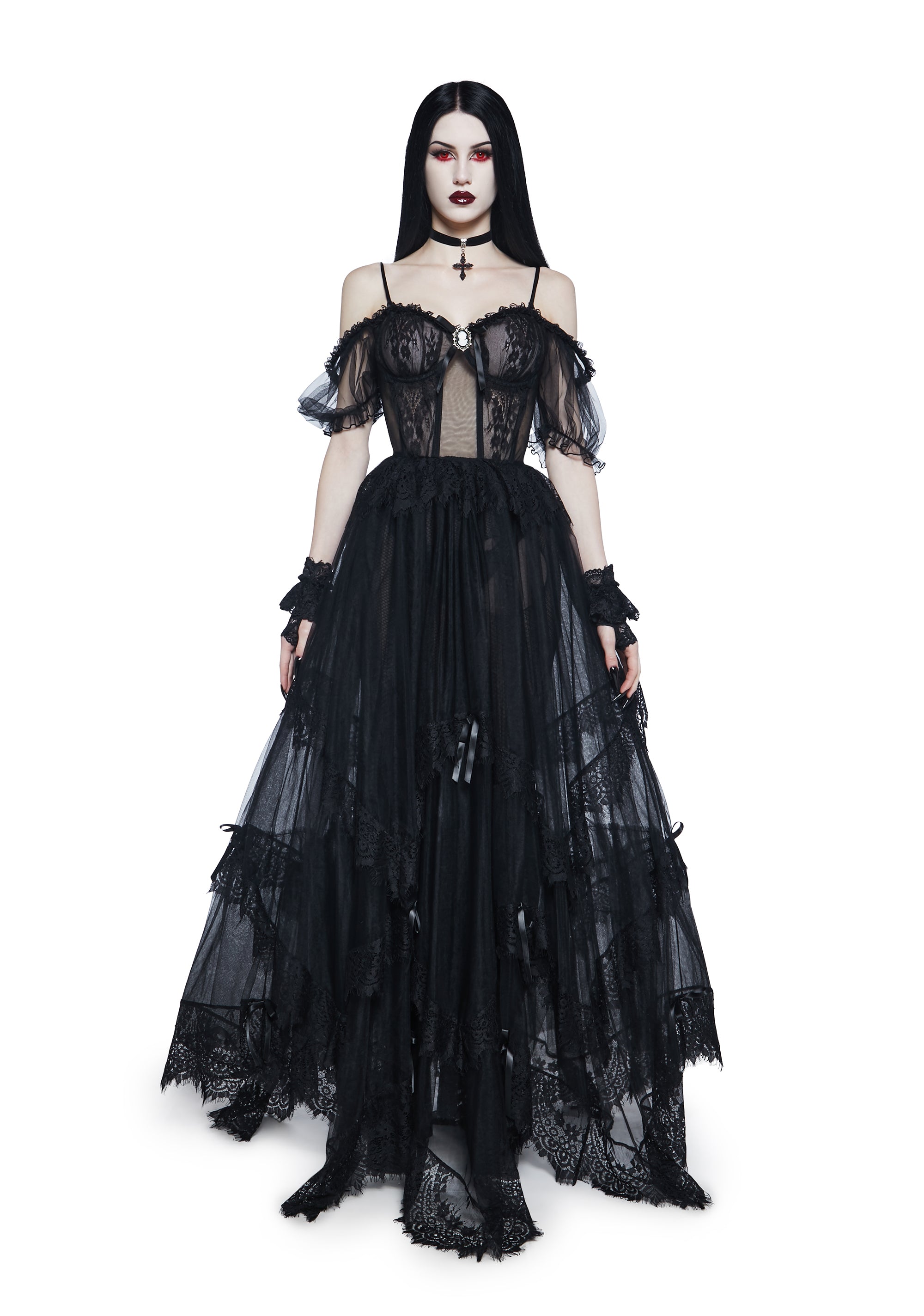 Widow Sheer Mesh Lace Gown Maxi Dress With Off Shoulder Design - Black ...