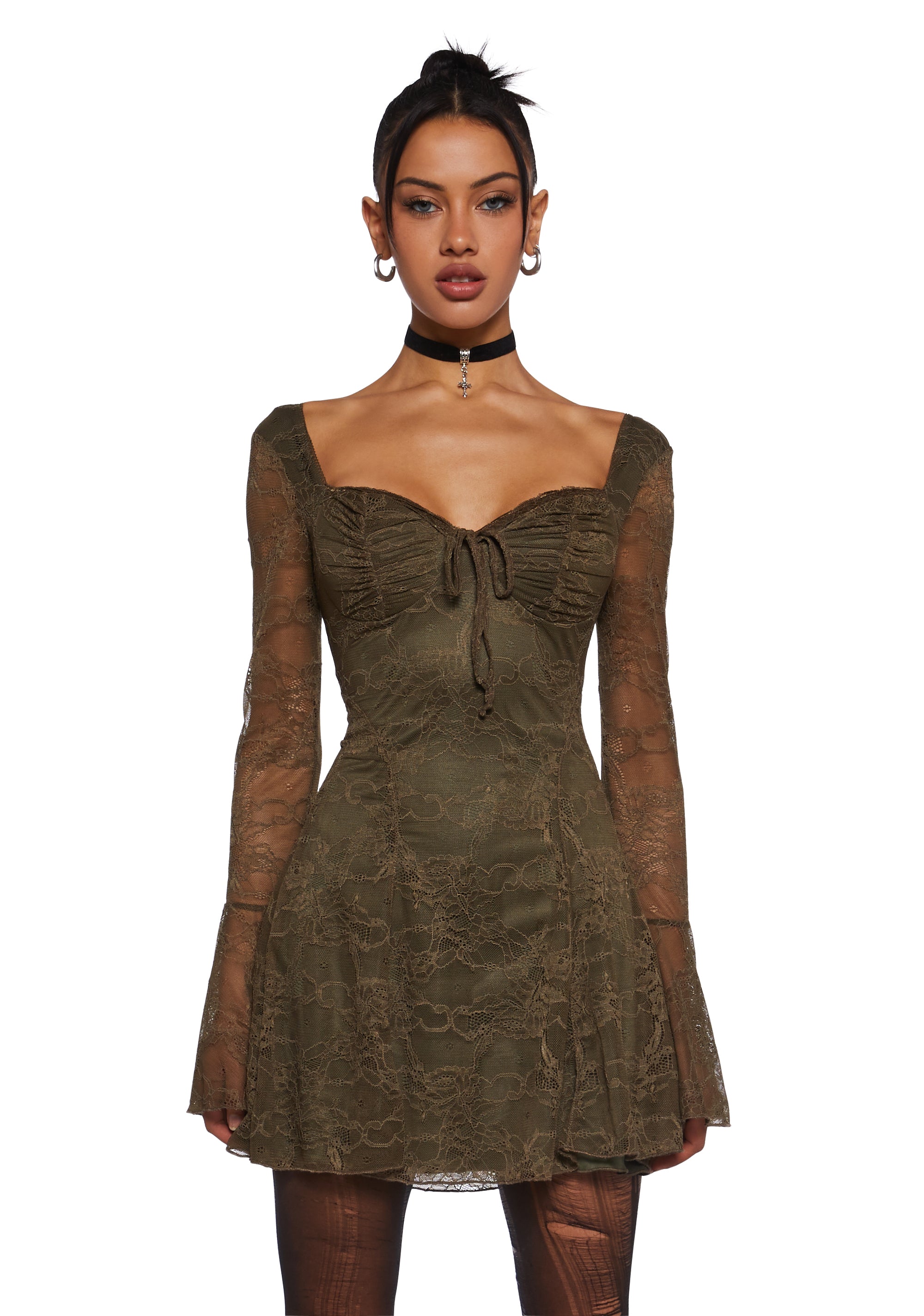 Floral Lace Mini Dress With Flared Sleeves Delias - Green – Dolls Kill