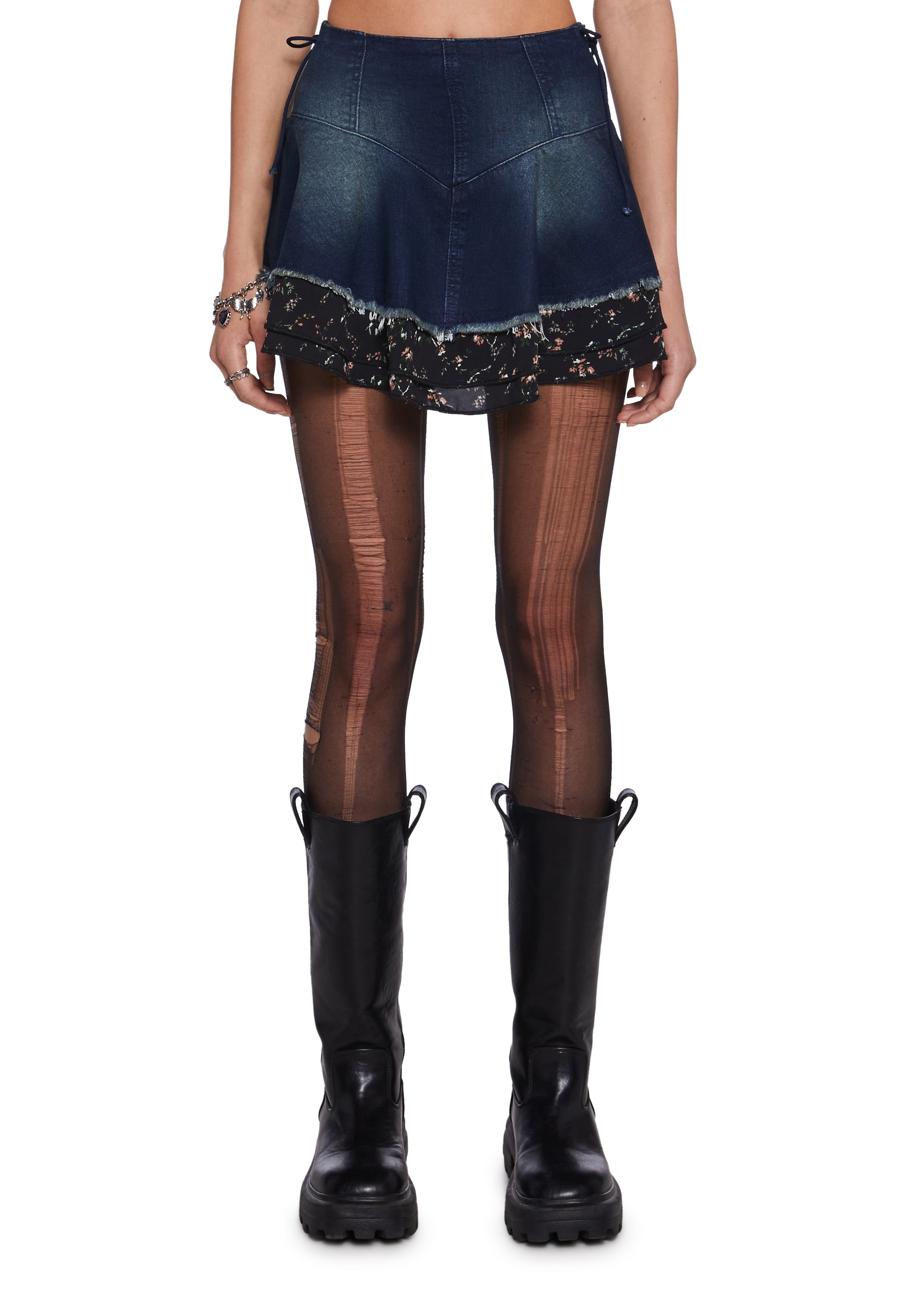 Stretchy Denim Floral Chiffon Lace-Up Mini Skirt Current Mood - Blue ...