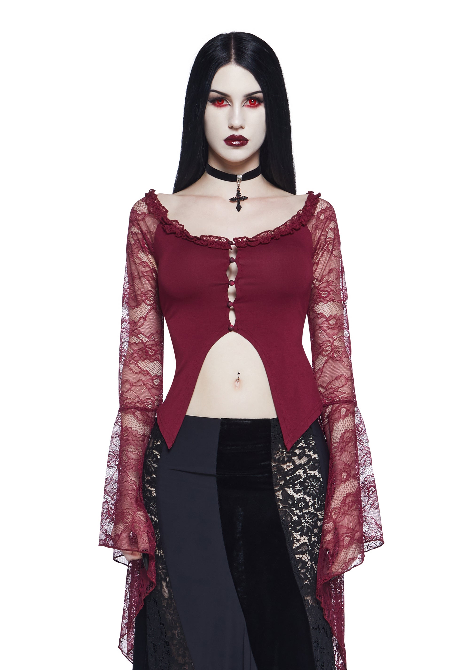 Widow Vampire Goth Stretchy Knit Sheer Long Bell Sleeve Top - Dark Red ...