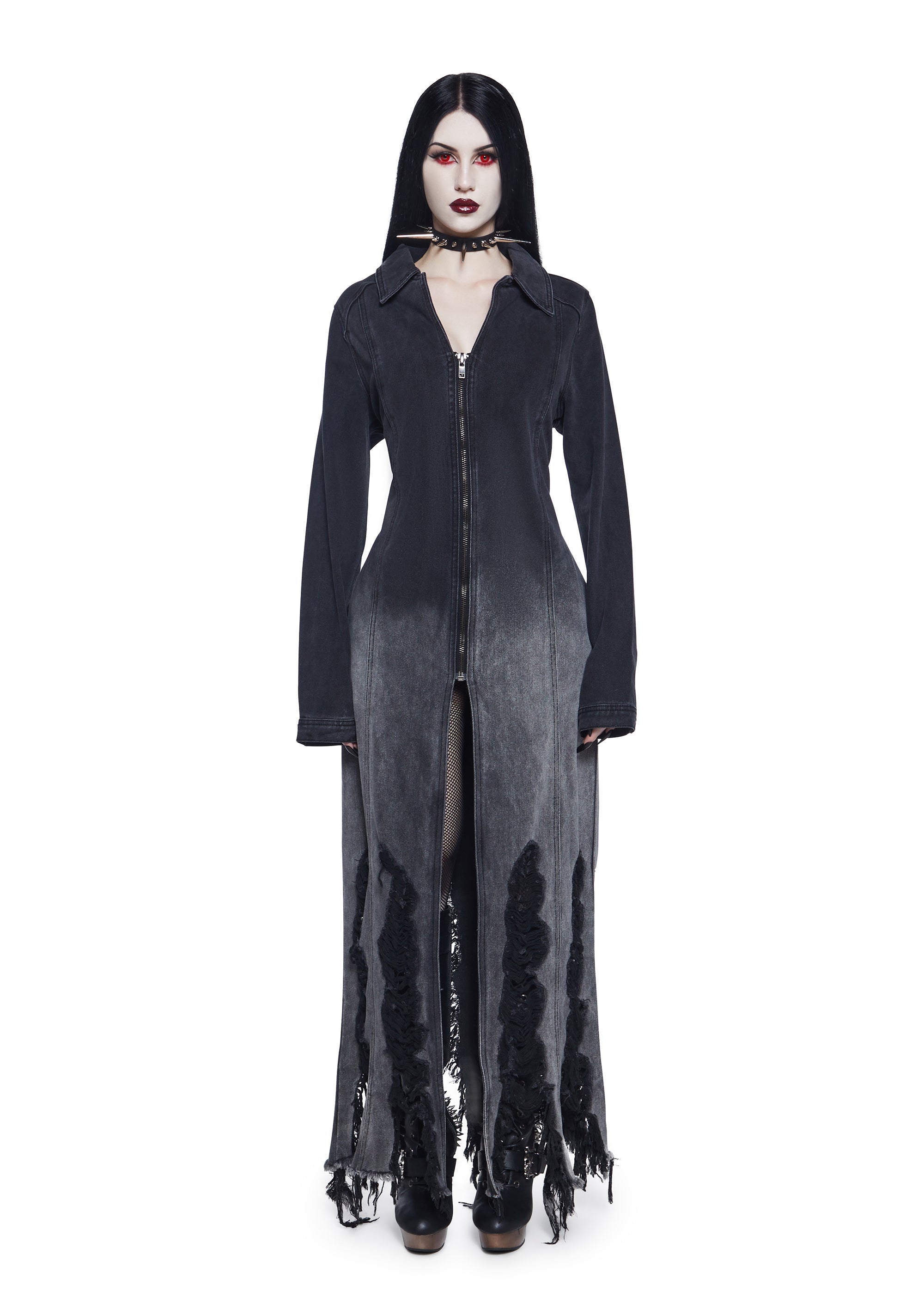 Widow Vampire Goth Washed Denim Distressed Destroyed Hem Collared ...