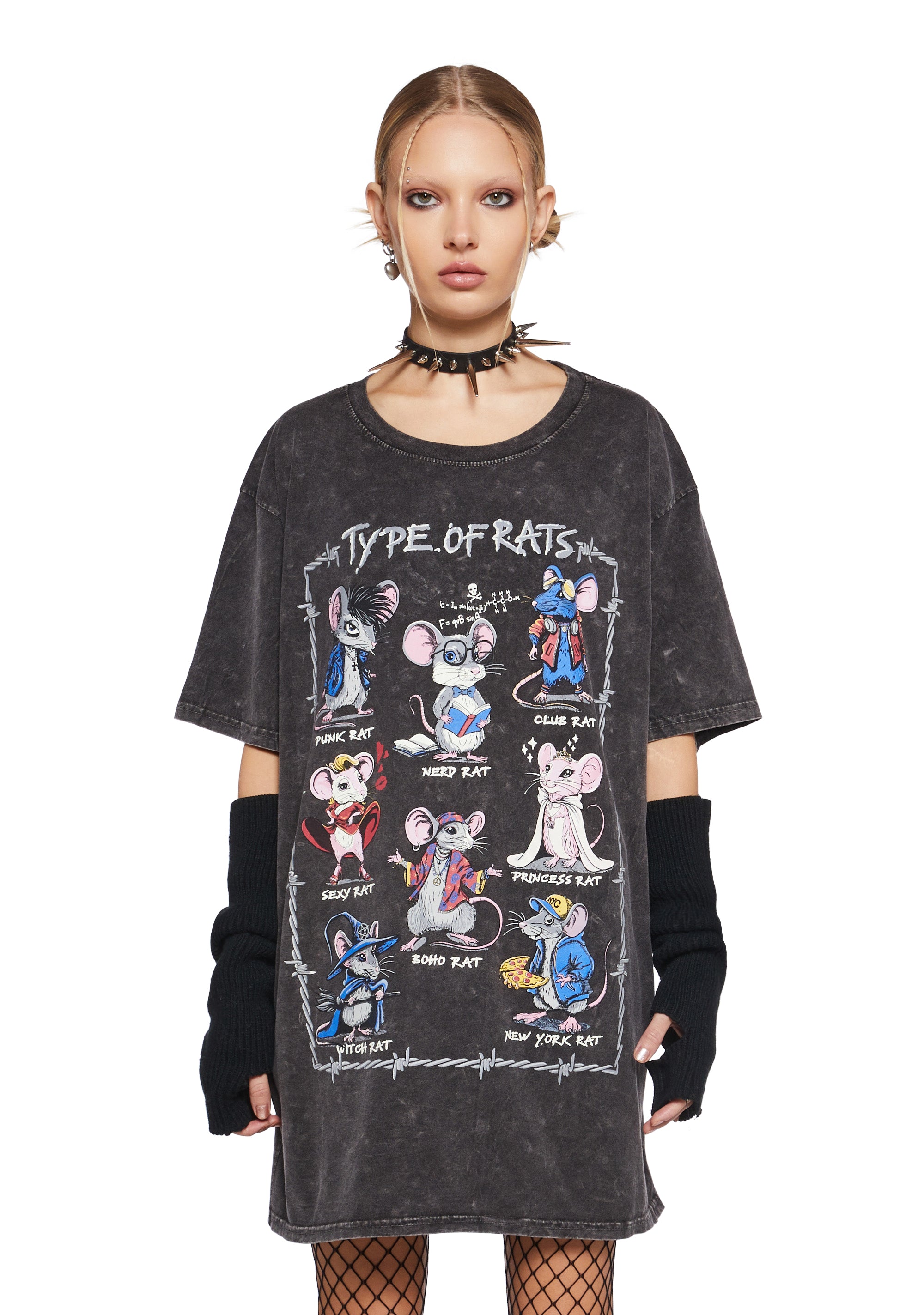 Stretchy Washed Knit Type Of Rats Oversized Graphic Tee - Dark Gray ...