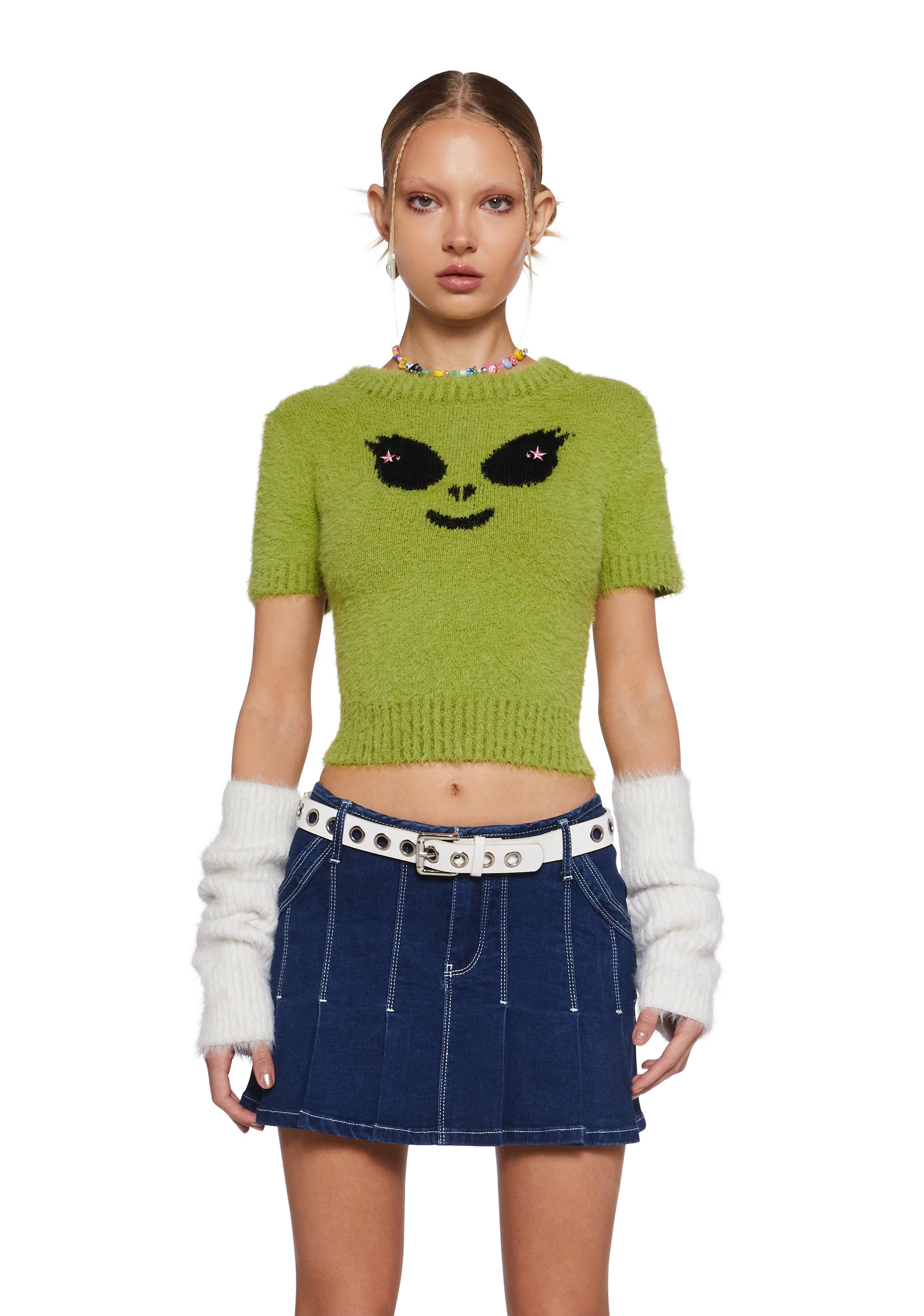 Fuzzy Mohair Short Sleeve Alien Sweater Top Delia's - Green – Dolls Kill