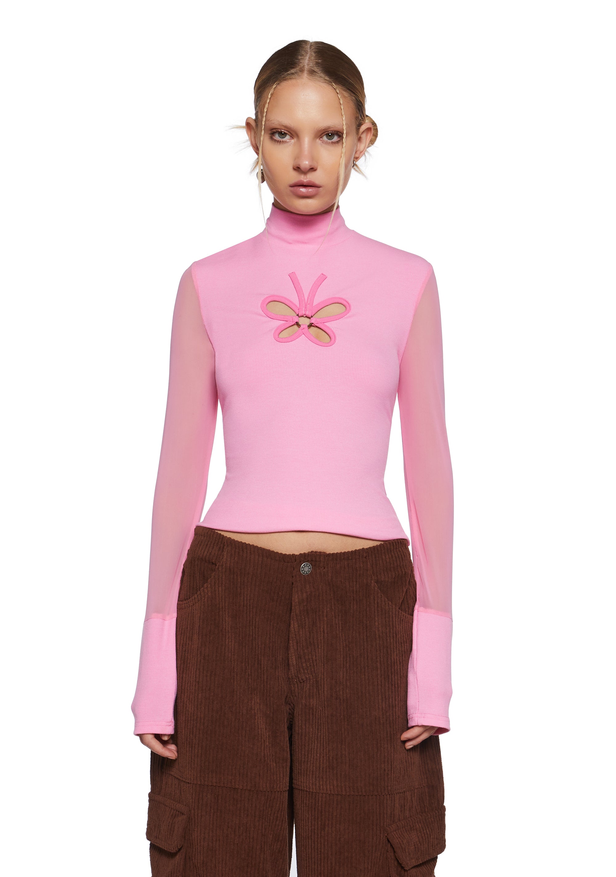 Womens Butterfly Cut Out Long Sleeve Knit Ribbed Mesh Top Delia's ...