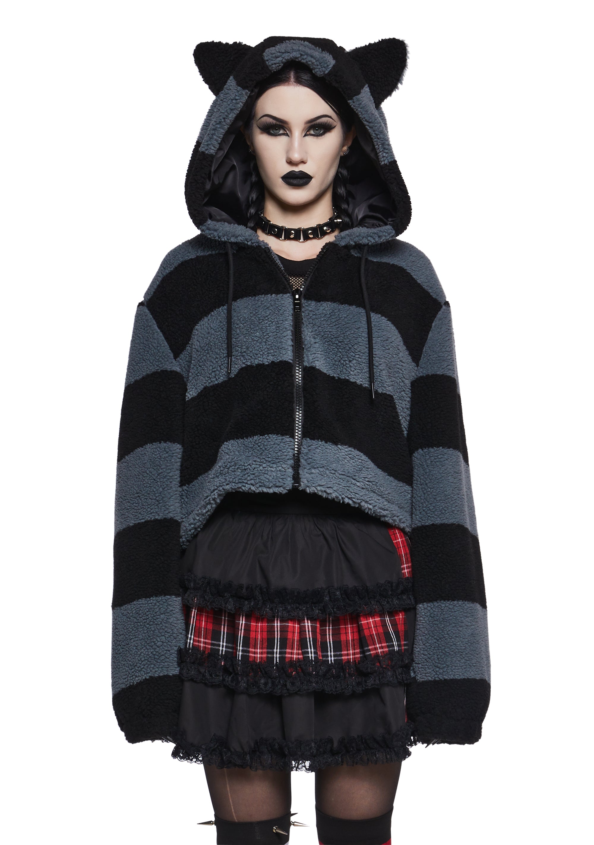 The Grave Girls Cropped Striped Cat Hooded Sherpa Jacket - Multi ...