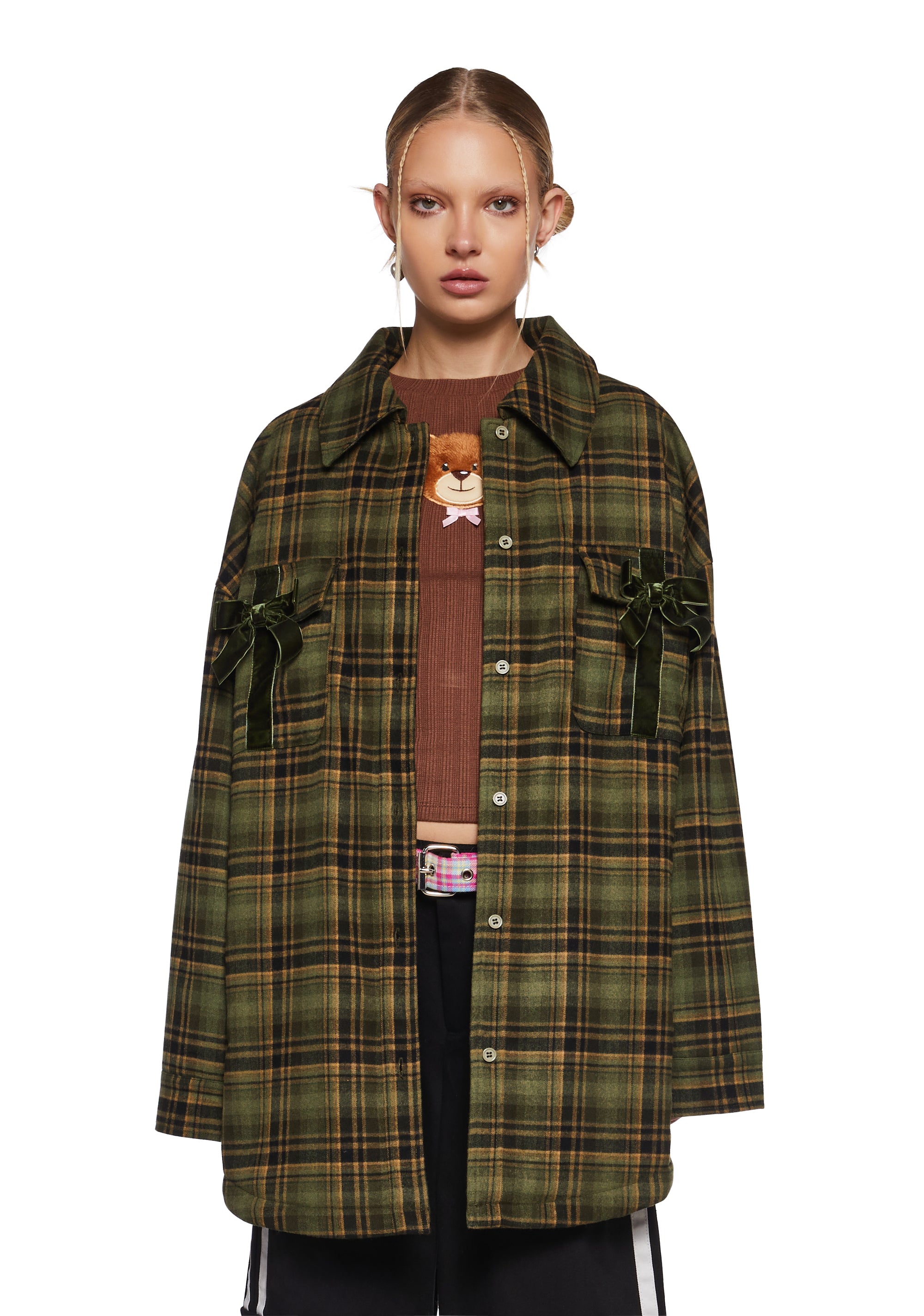 Flannel Velvet Bow Plaid Shacket Delia's - Green – Dolls Kill
