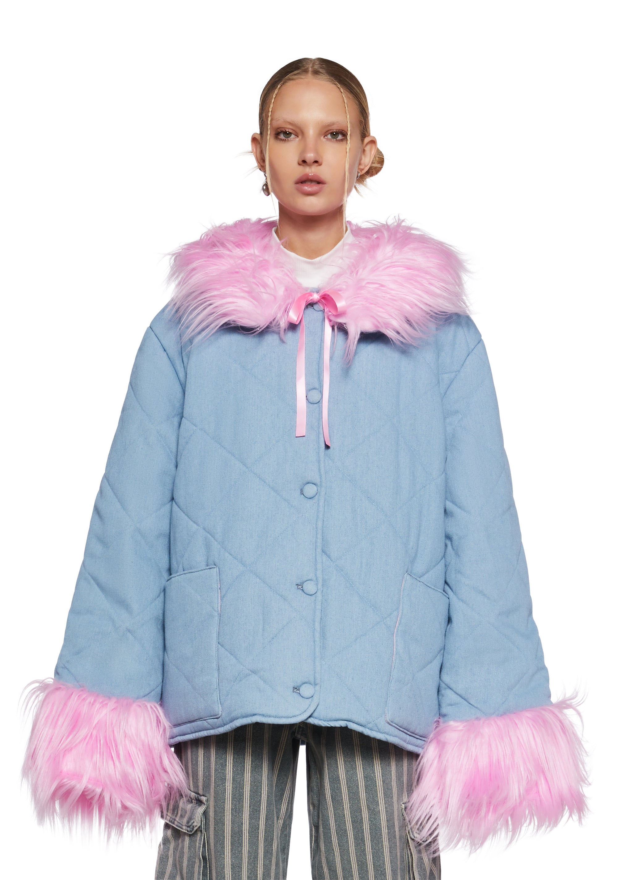 Womens Quilted Jacket With Faux Fur Trim Delias - Blue – Dolls Kill