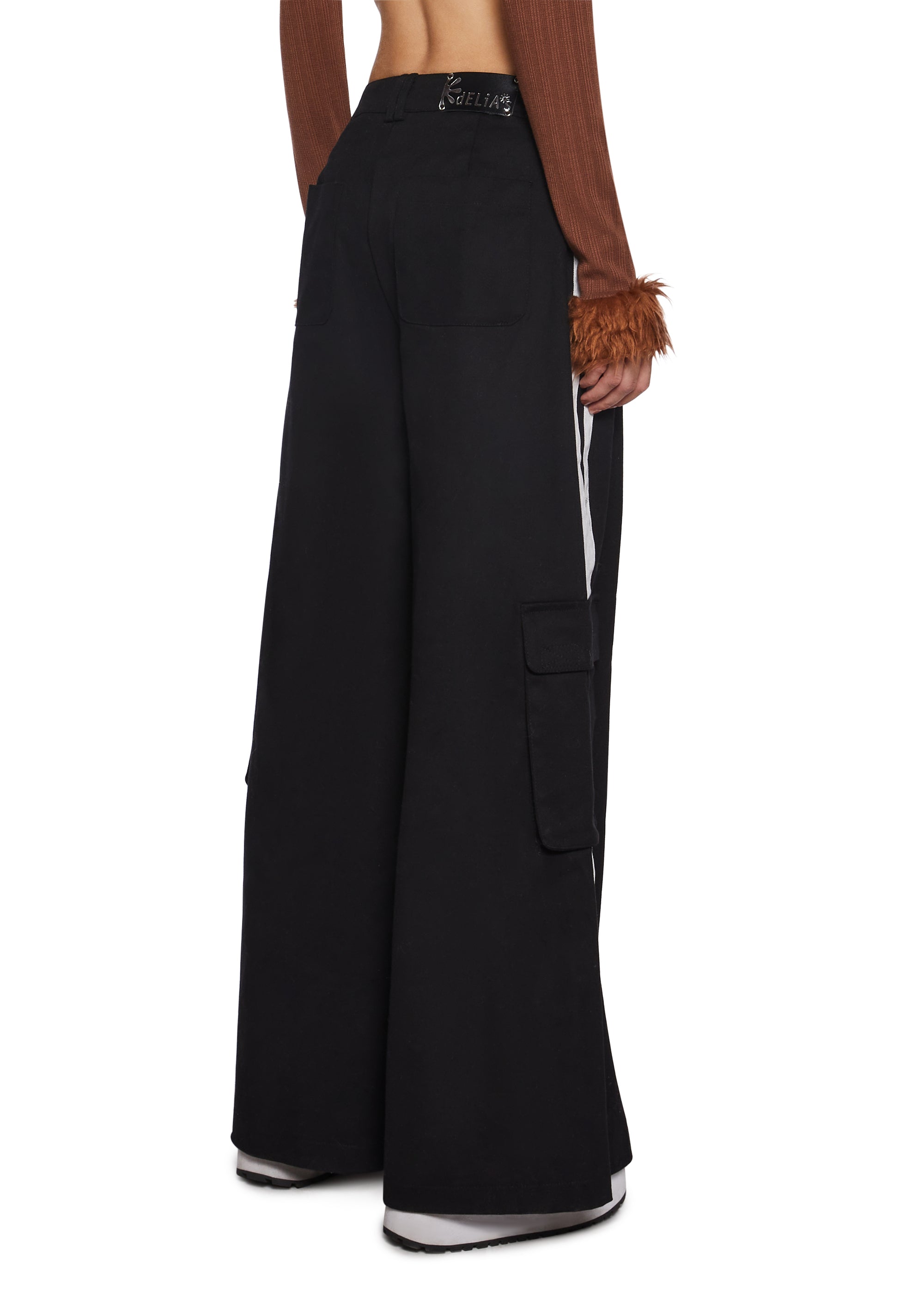 Twill Striped Wide Leg Cargo Pants Delia's - Black – Dolls Kill Twill Striped Wide Leg Cargo Pants Delia's - Black – Dolls Kill