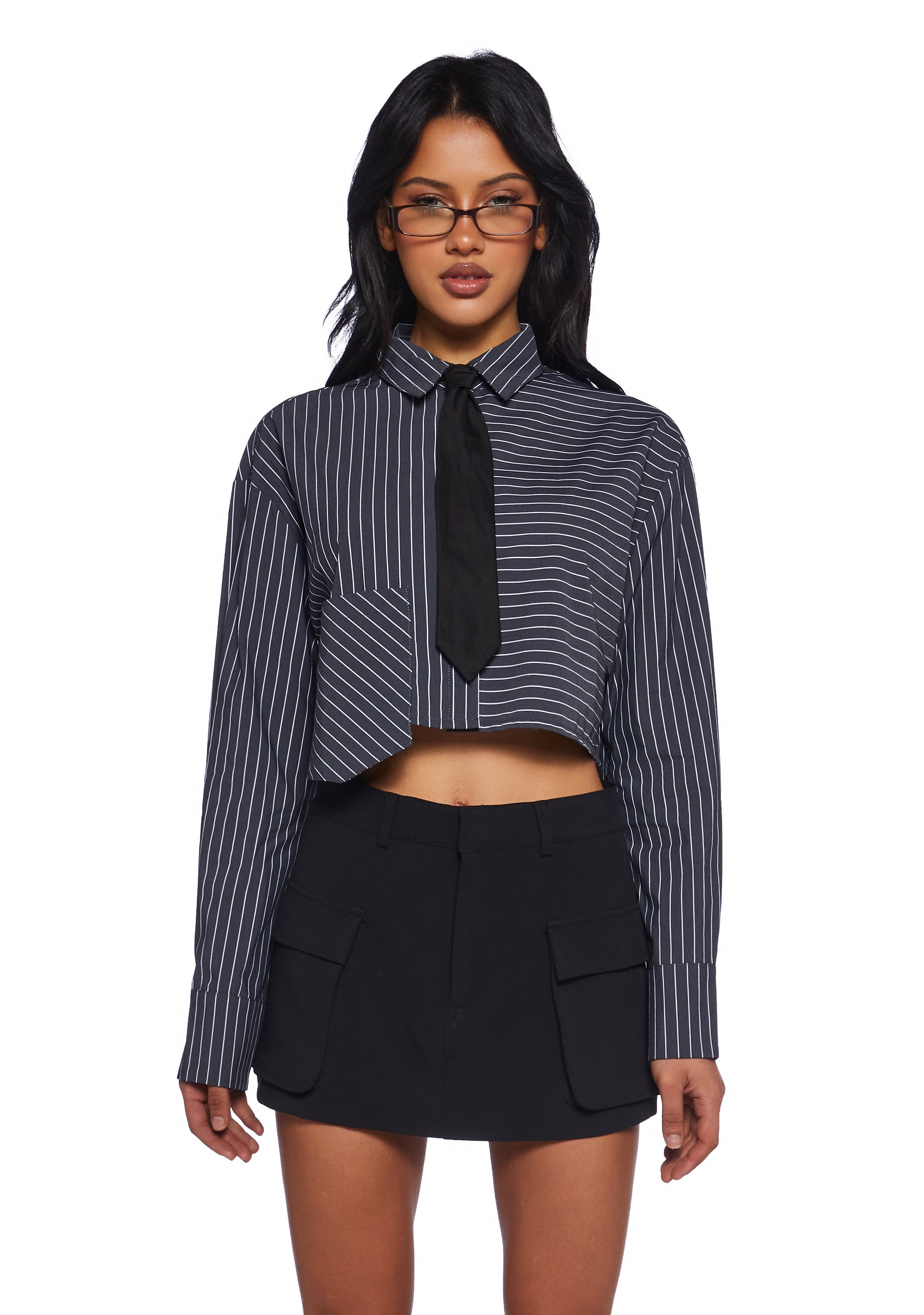 Womans Back To School Business Twill Striped Tie Collared Button Up ...