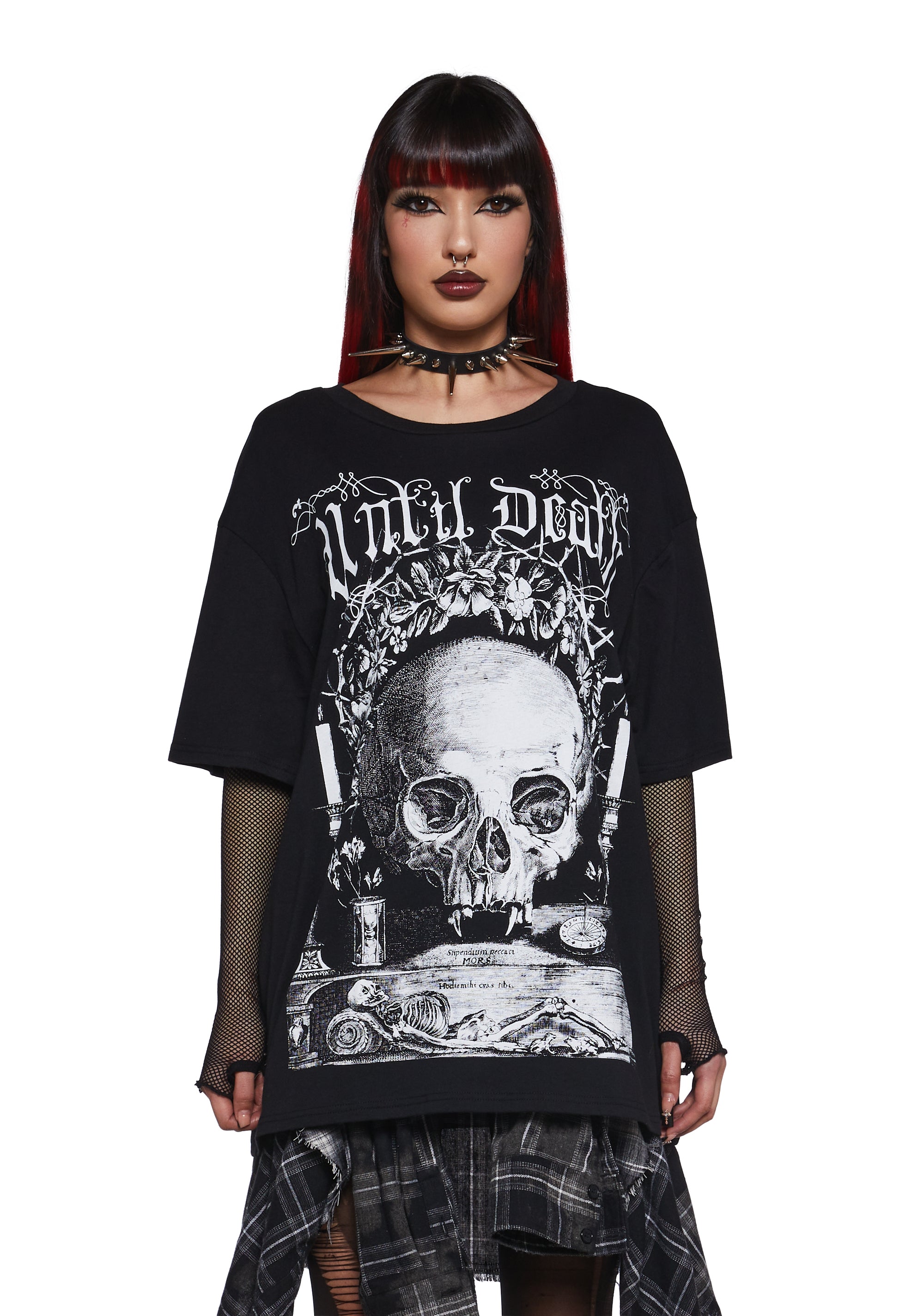 Stretchy Fishnet Mesh Skull Death Graphic Long Sleeve Tee Widow - Black ...