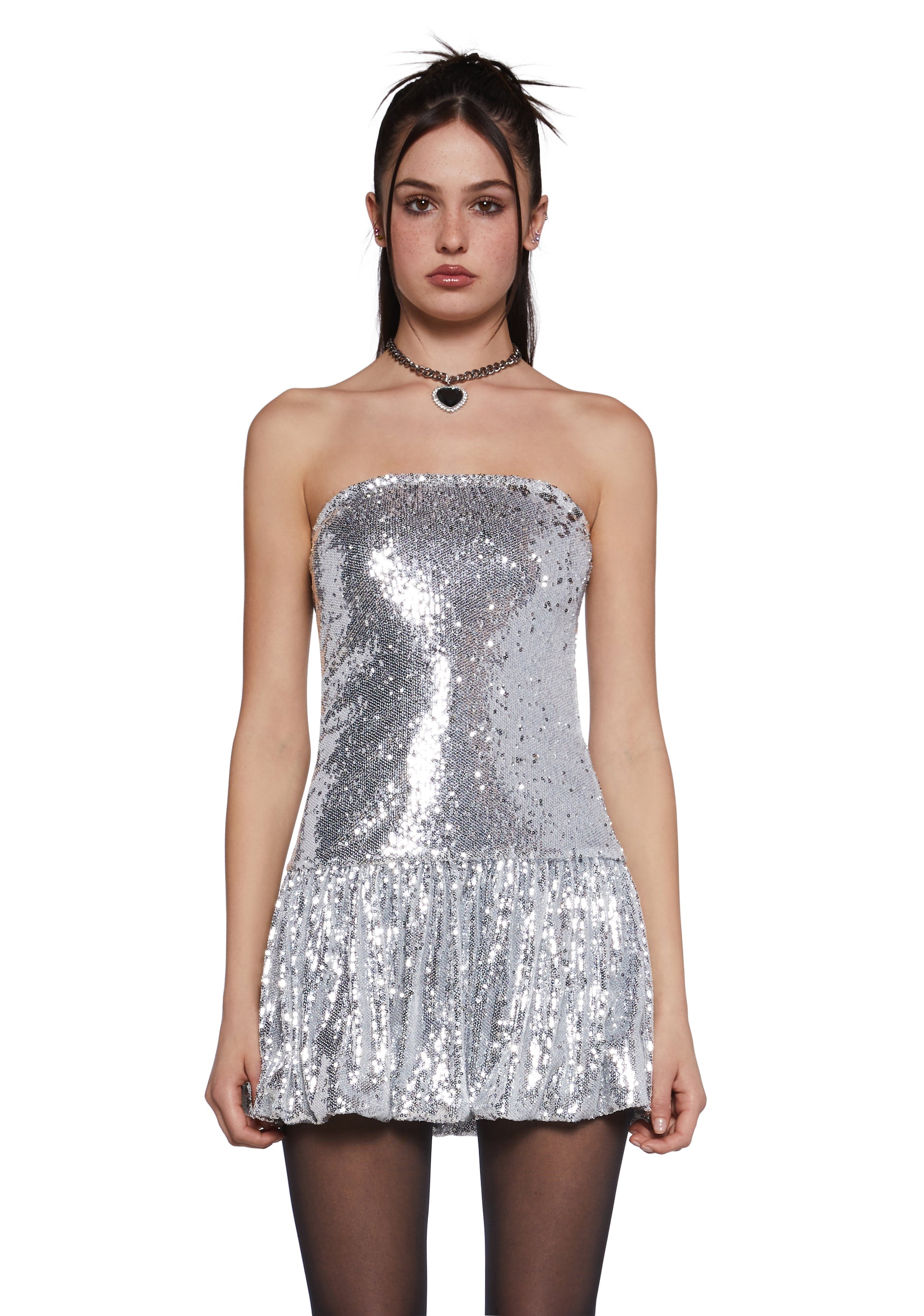 Motel Chrome Sequin Bubble Skirt Strapless Mini Dress - Silver – Dolls Kill