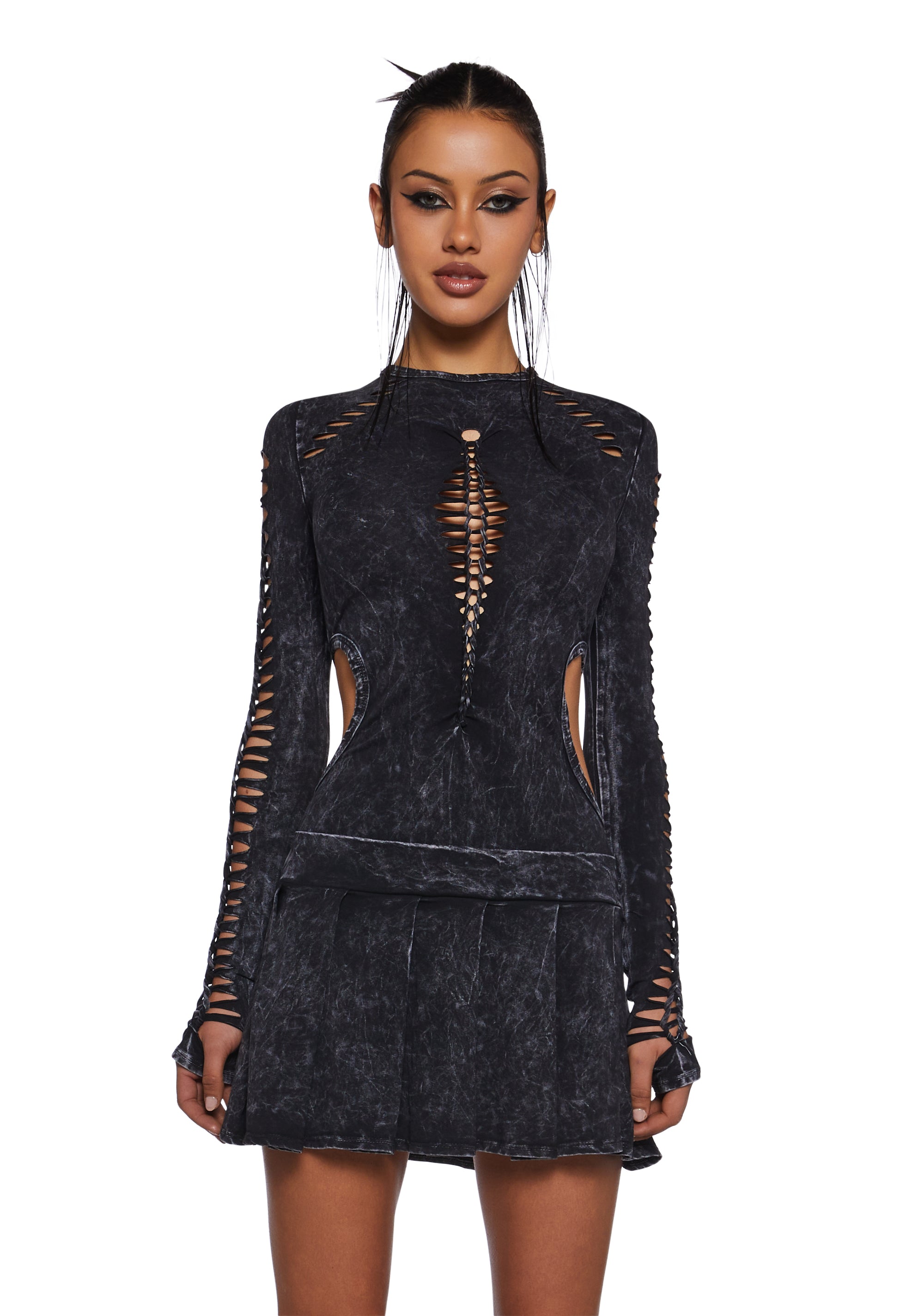 Shredded Mini Dress With Long Sleeves Rave - Black – Dolls Kill