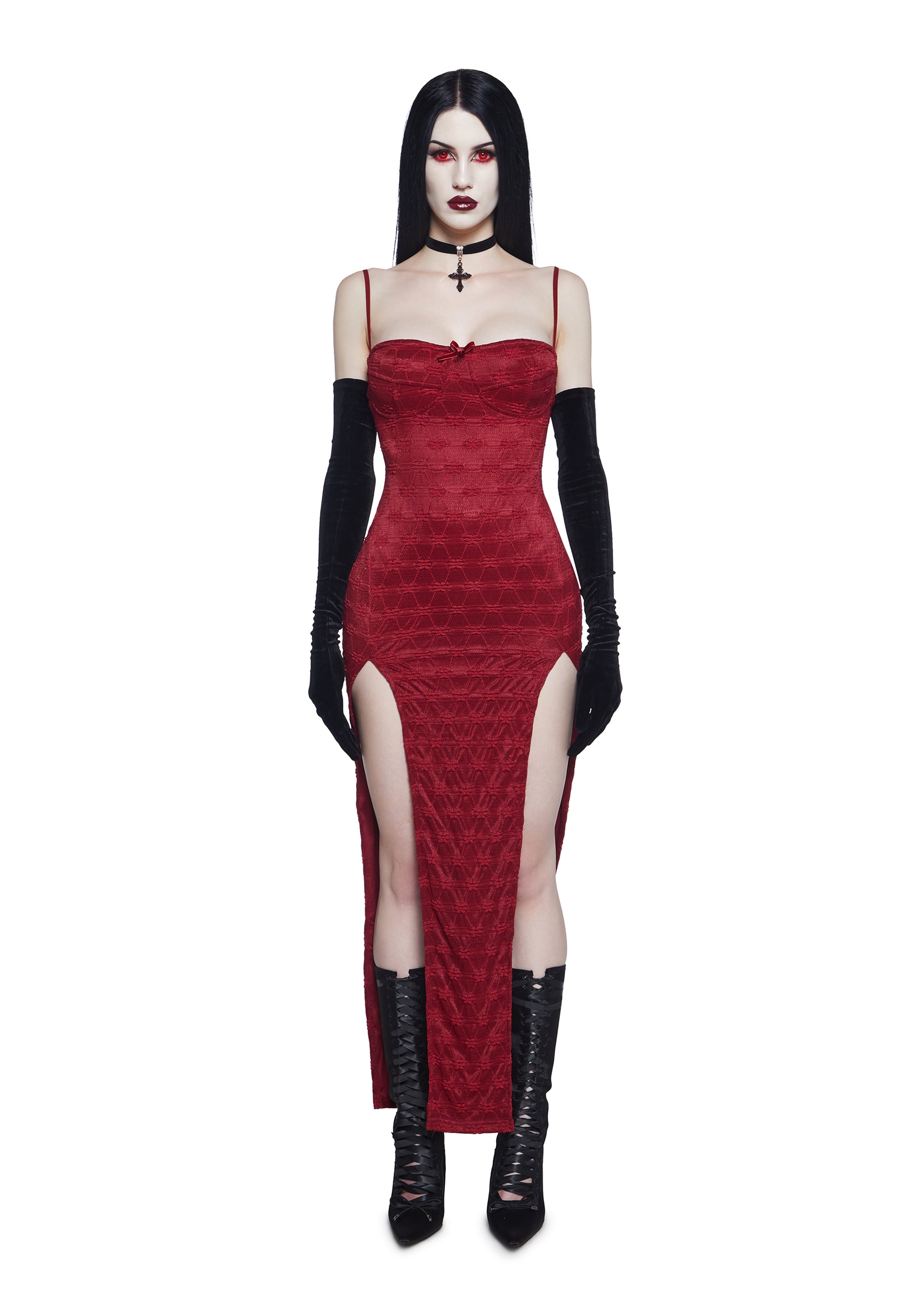 Sexy Goth Stretchy Textured Knit High Slit Maxi Dress - Red – Dolls Kill