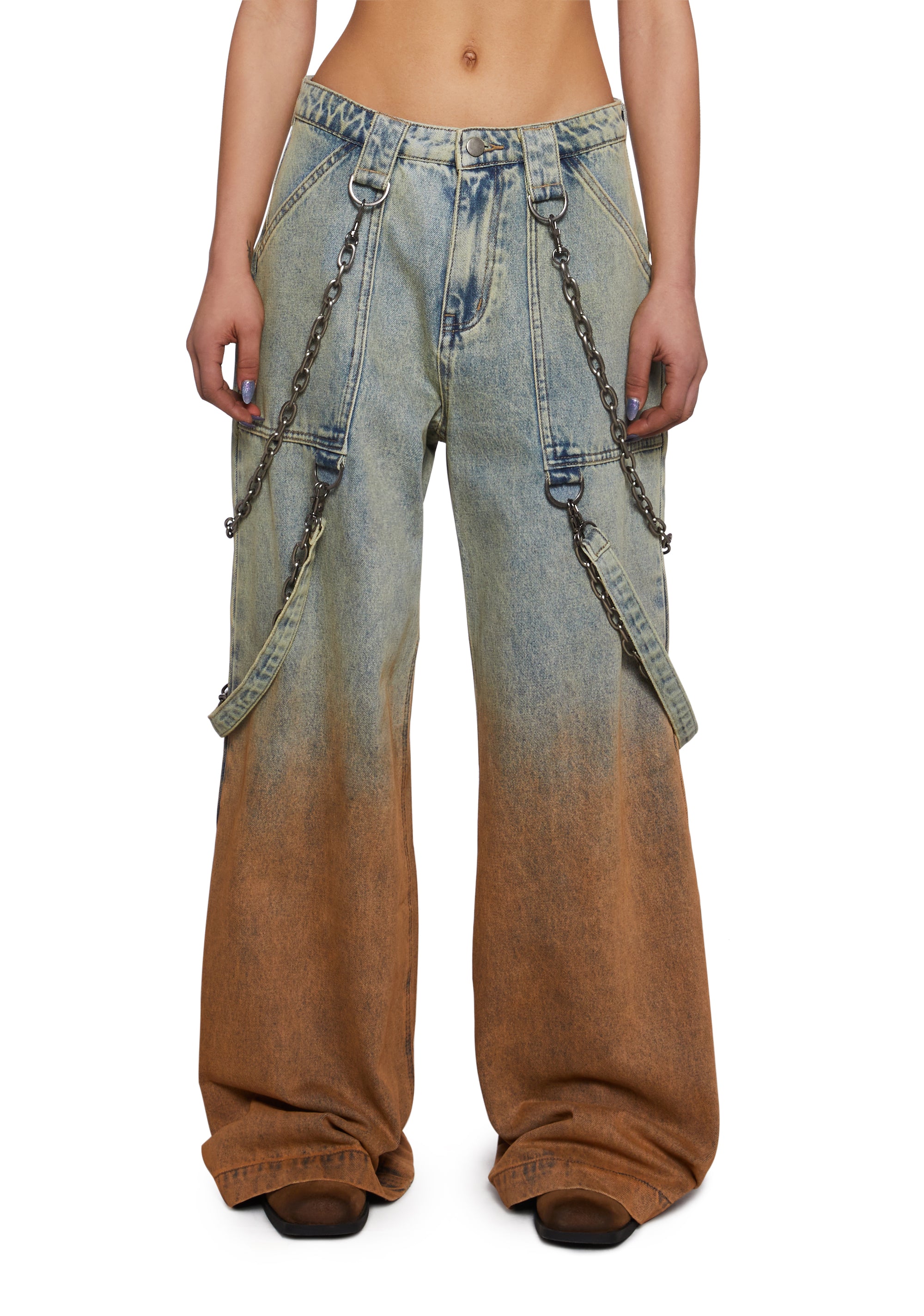 Womens Sexy Dip Dye Ombre Denim Baggy Jeans With Chain And Straps ...