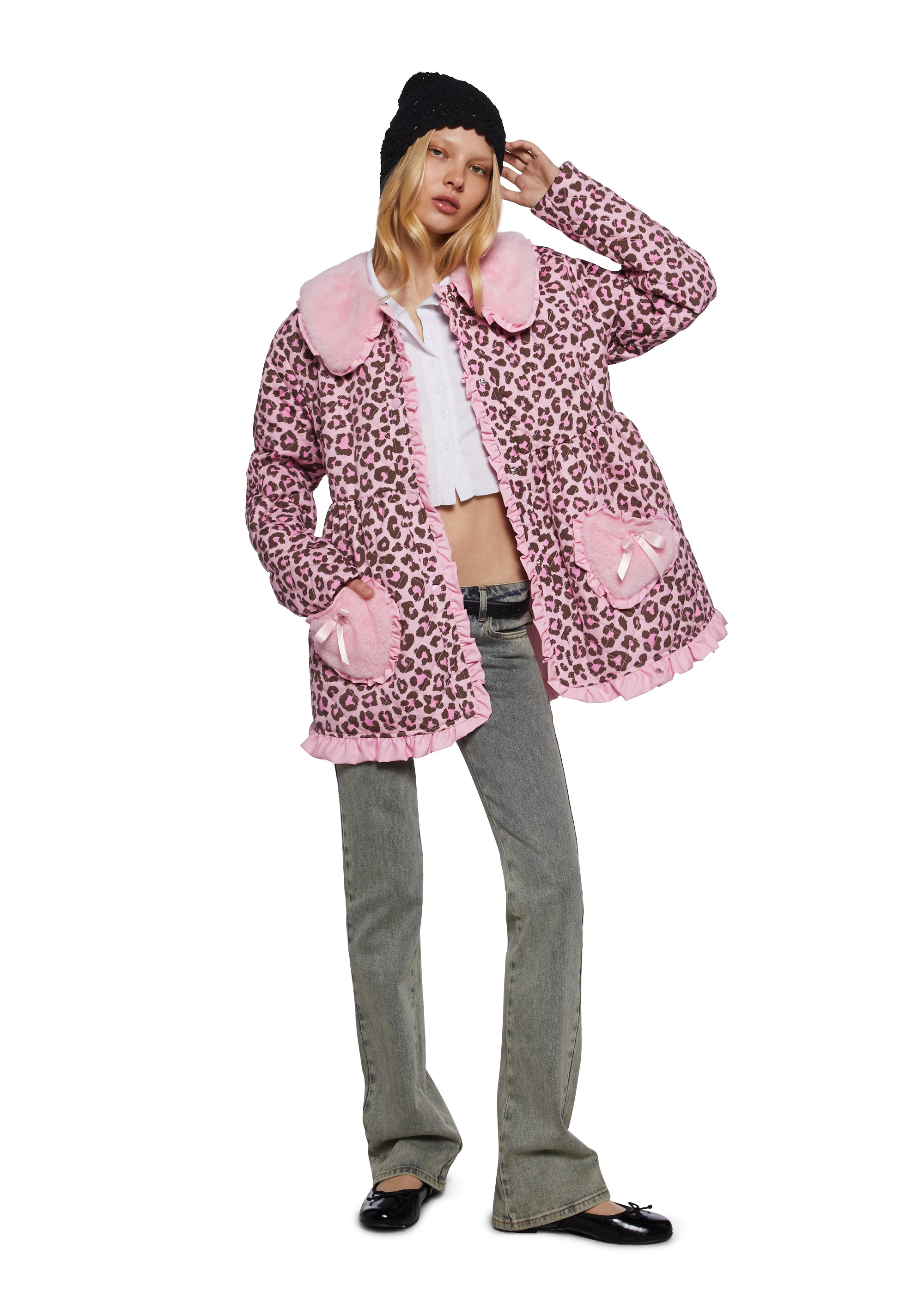 Leopard Print Nylon Ruffled Sateen Faux Fur Quilted Coat Leopard Print Nylon Ruffled Sateen Faux Fur Quilted Coat