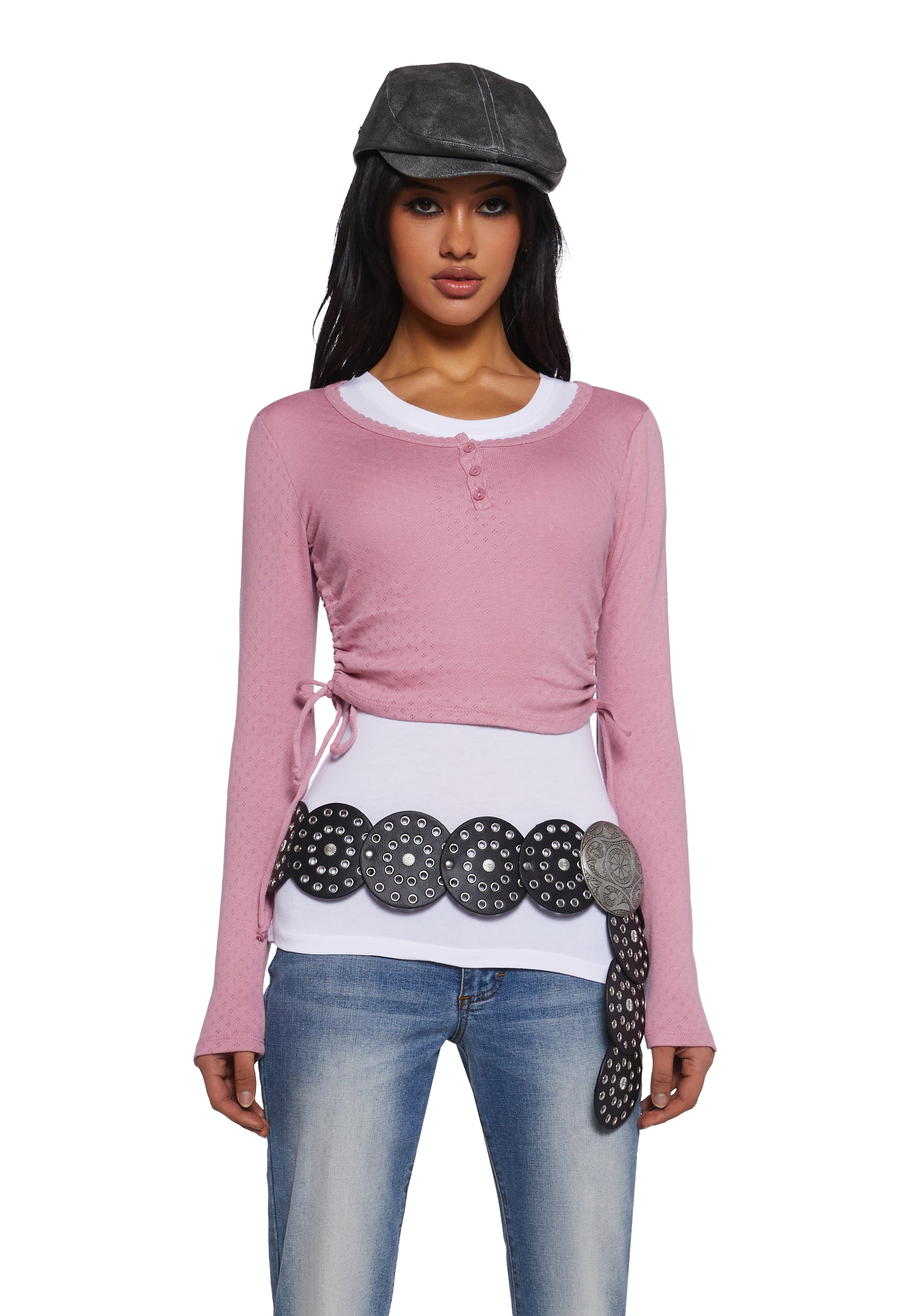 Stretchy Pointelle Knit Ruched Sides Long Sleeve Top - Pink – Dolls Kill