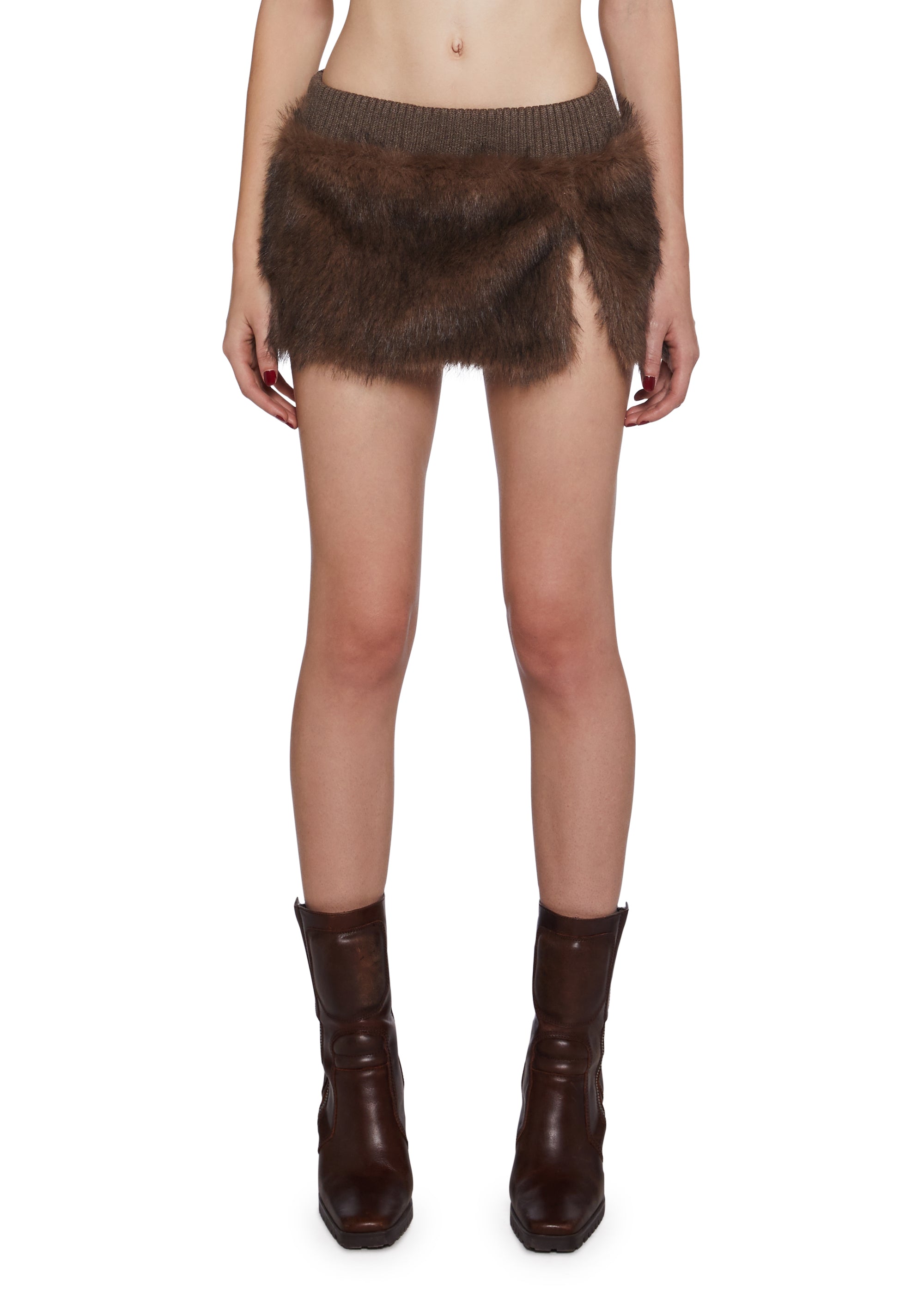 Darker Wavs Faux Fur Elastic Waistband Mini Skirt - Dark Brown – Dolls Kill