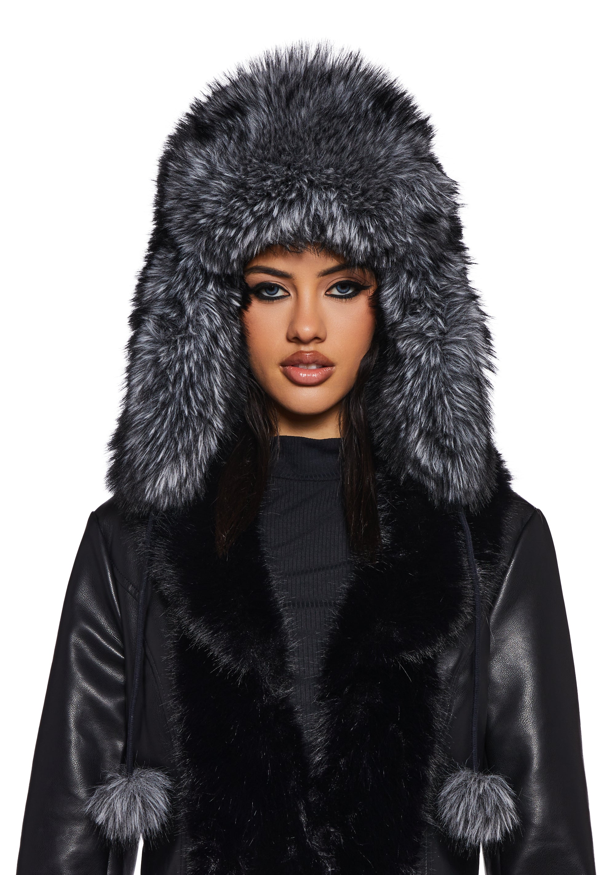 Womens Faux Fur Trapper Hat With Pom Poms Generation Kiss - Black ...