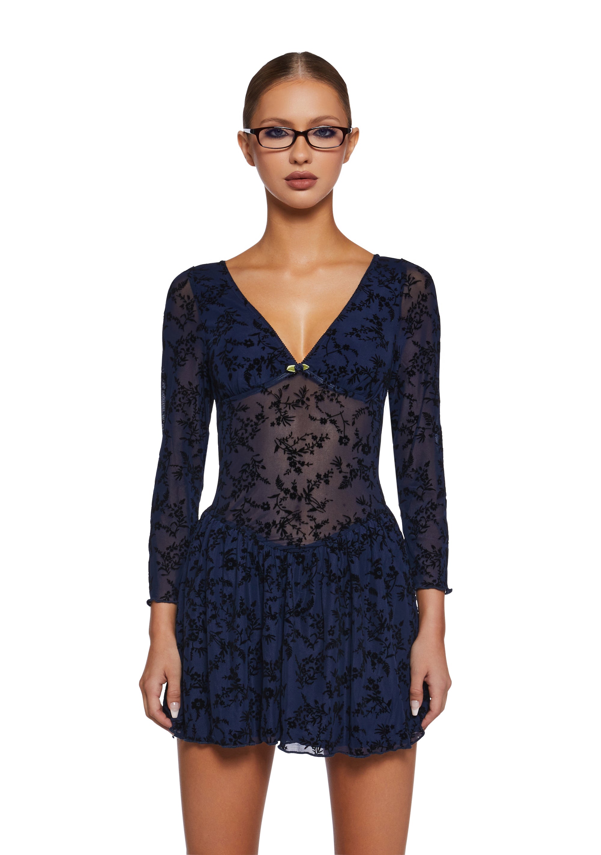 Stretchy Mesh Flocked Floral Velvet Mini Dress - Dark Blue – Dolls Kill