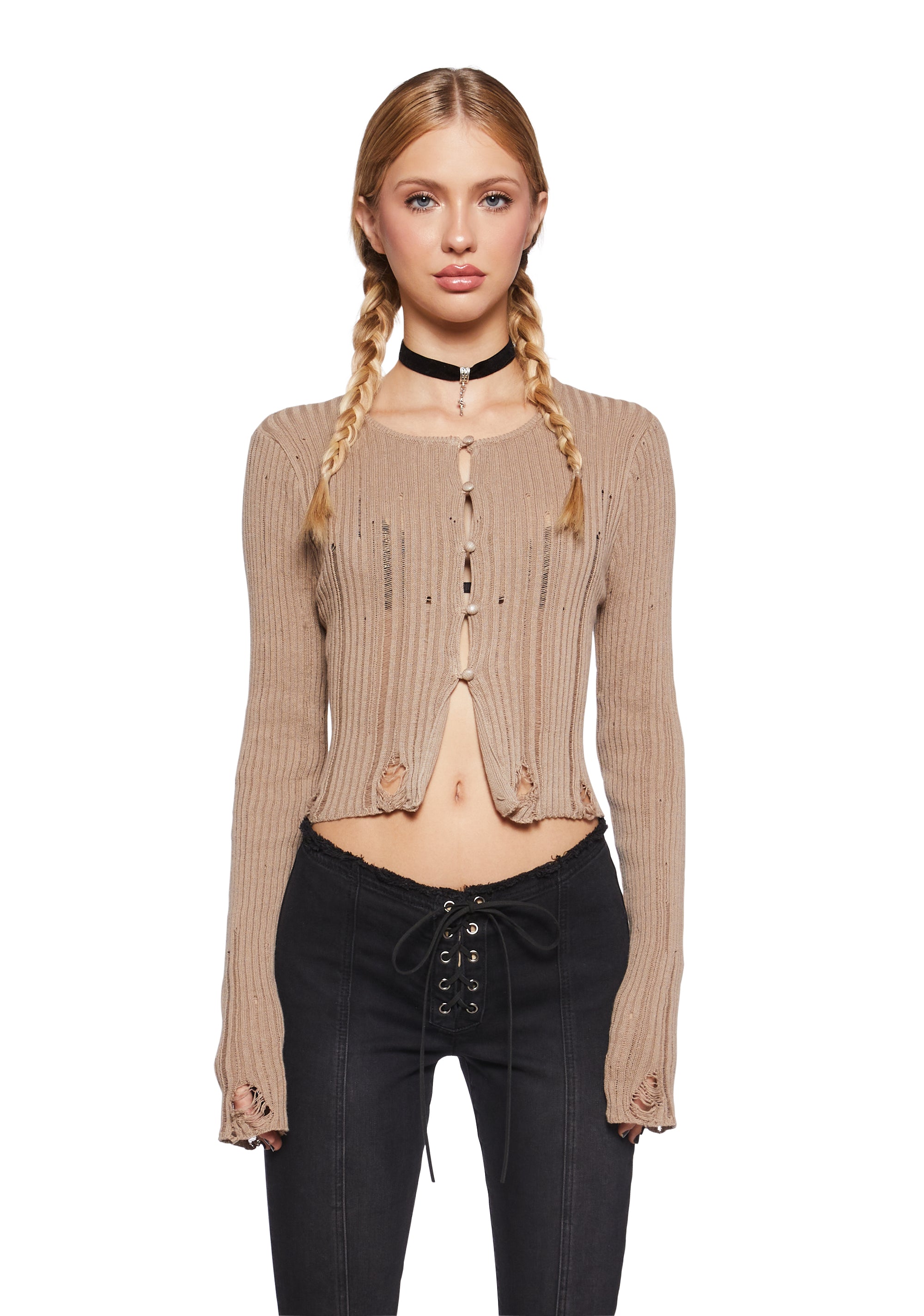 Soft Ribbed Knit Distressed Cardigan - Beige – Dolls Kill