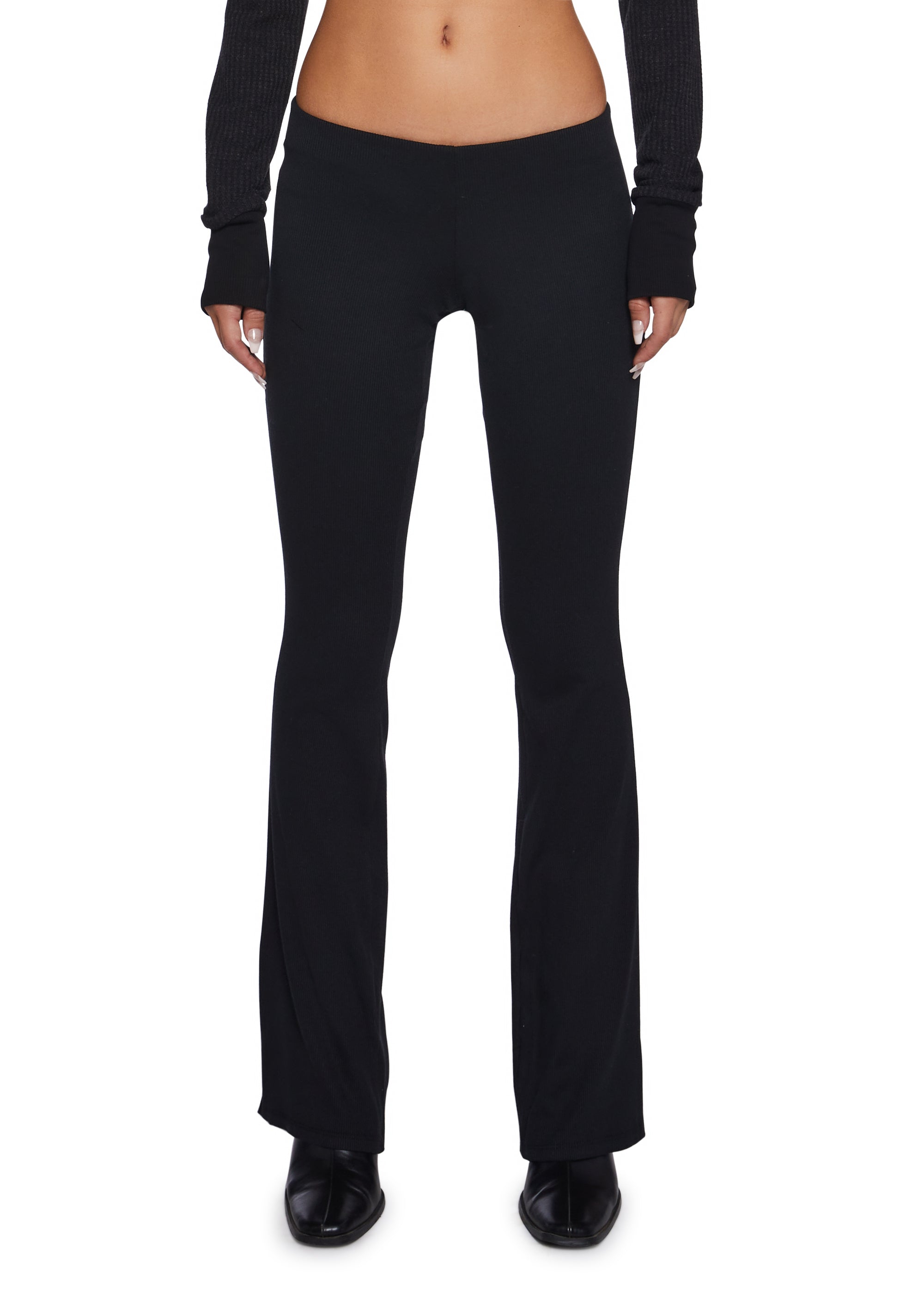 Stretchy Ribbed Knit Ruched Flare Pants - Black – Dolls Kill