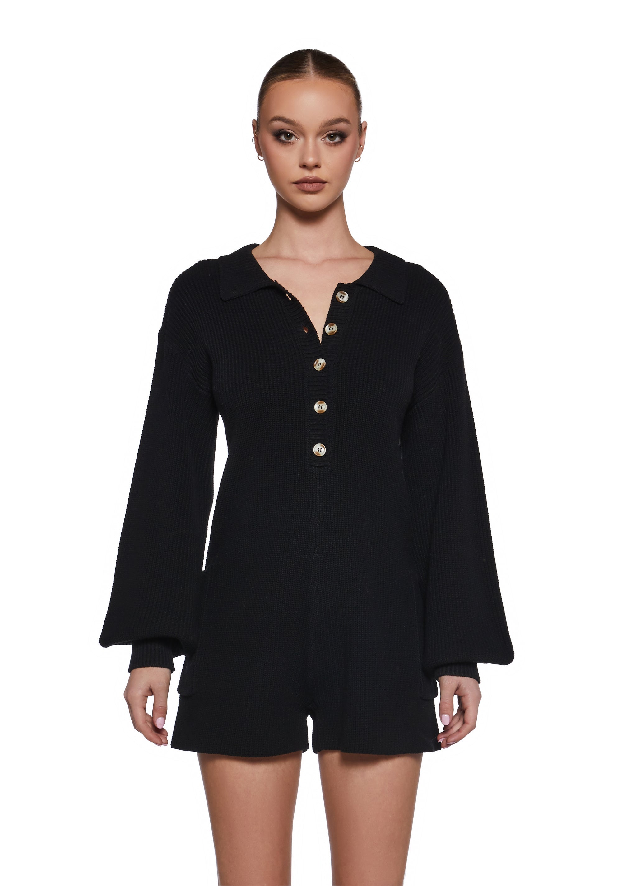Soft Knit Long Sleeve Button-Up Romper - Black – Dolls Kill