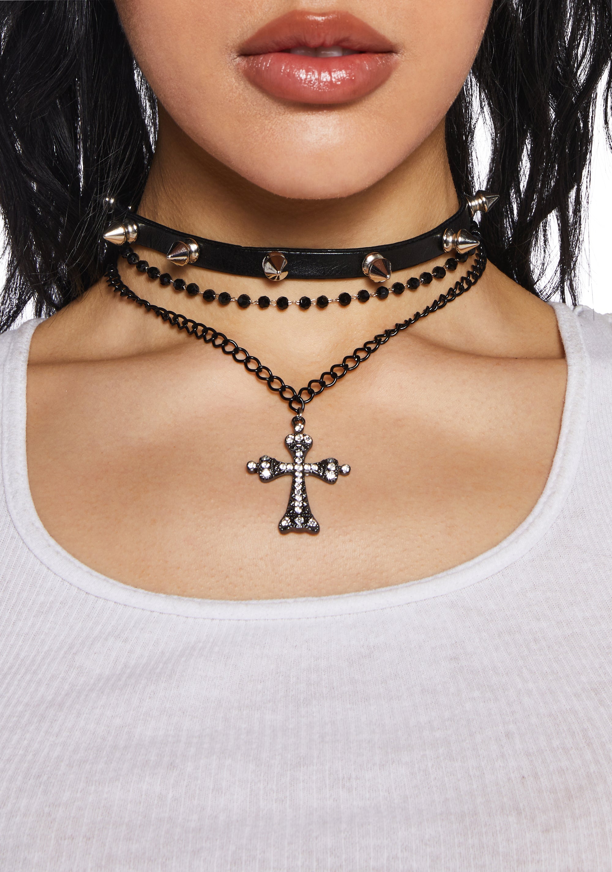 Vegan Leather Studded Choker Chain-link Cross Pendant Three Strand ...
