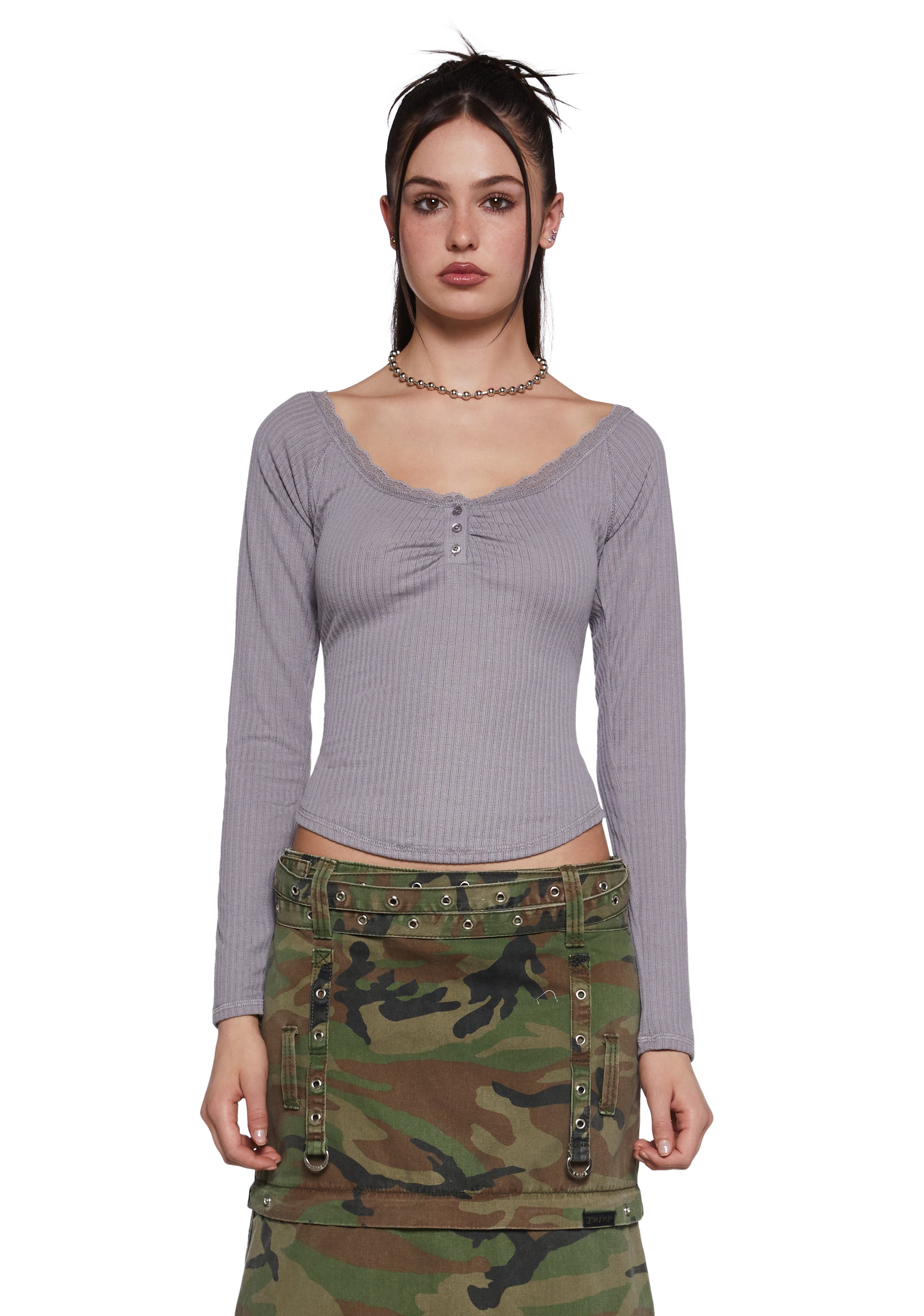 Womens Long Sleeve Ribbed Top With Lace - Gray – Dolls Kill