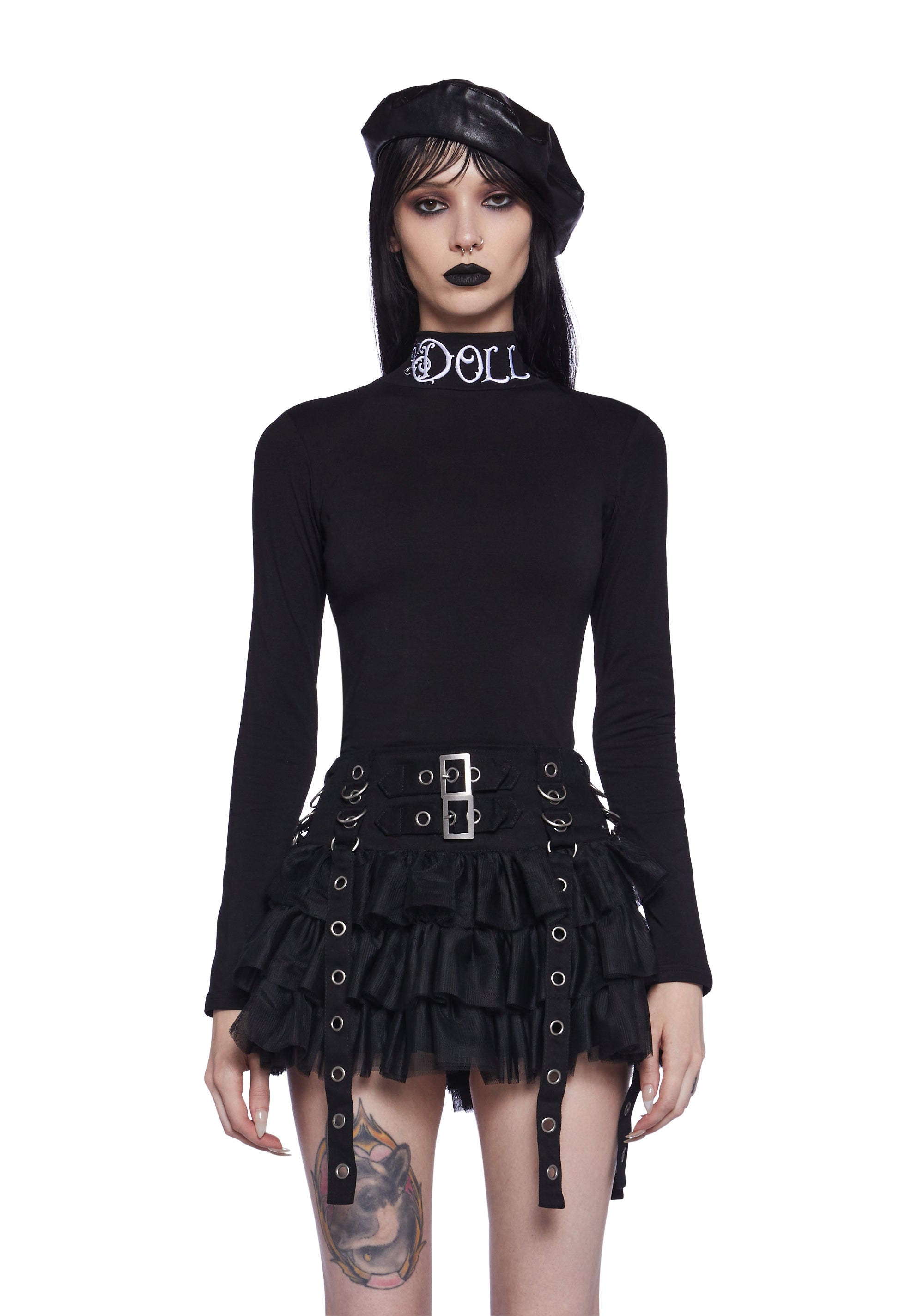 Widow Doll Graphic Embroidered Mock Neck Tee - Black – Dolls Kill