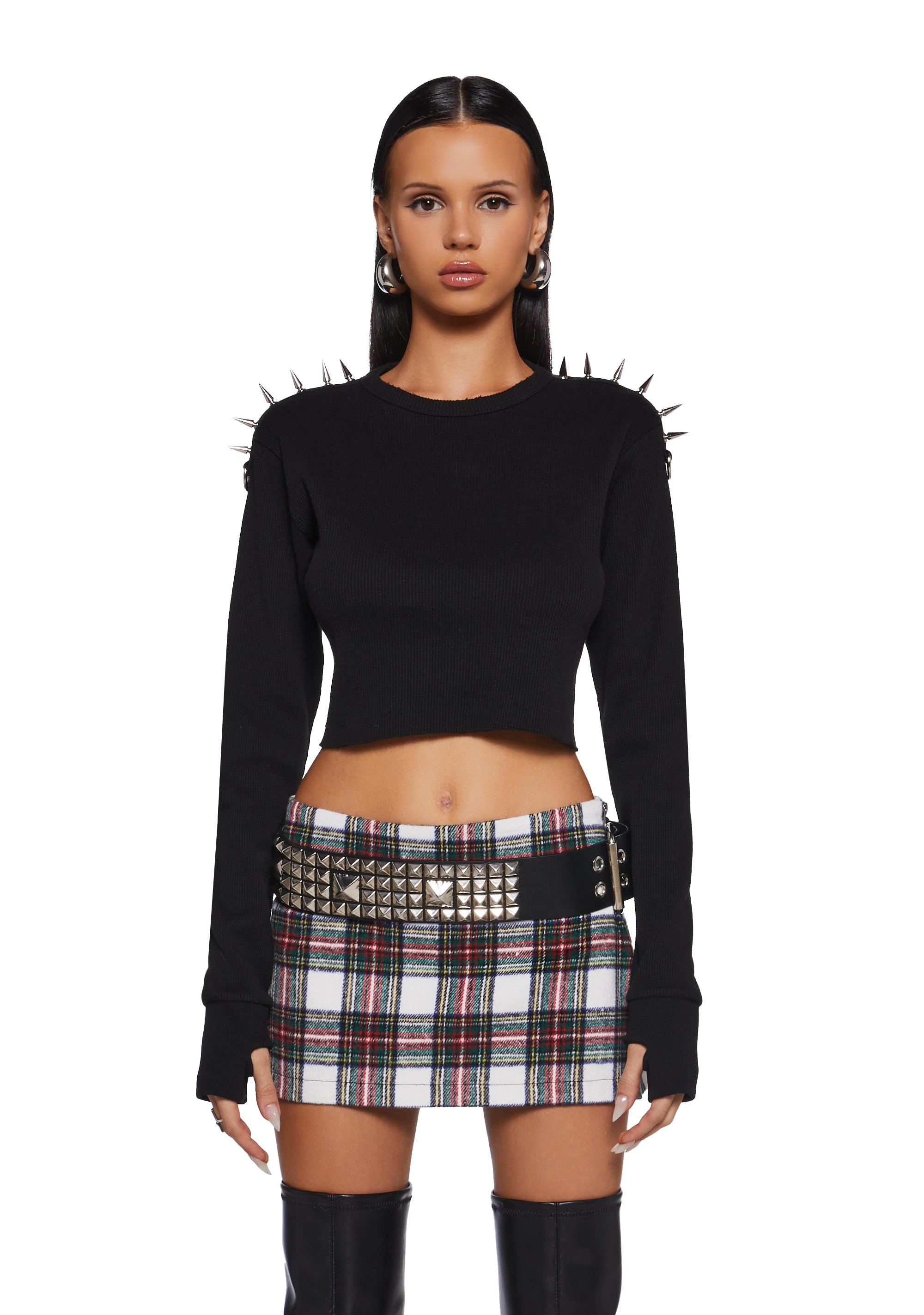 Current Mood Spike Long Sleeve Crop Top - Black – Dolls Kill