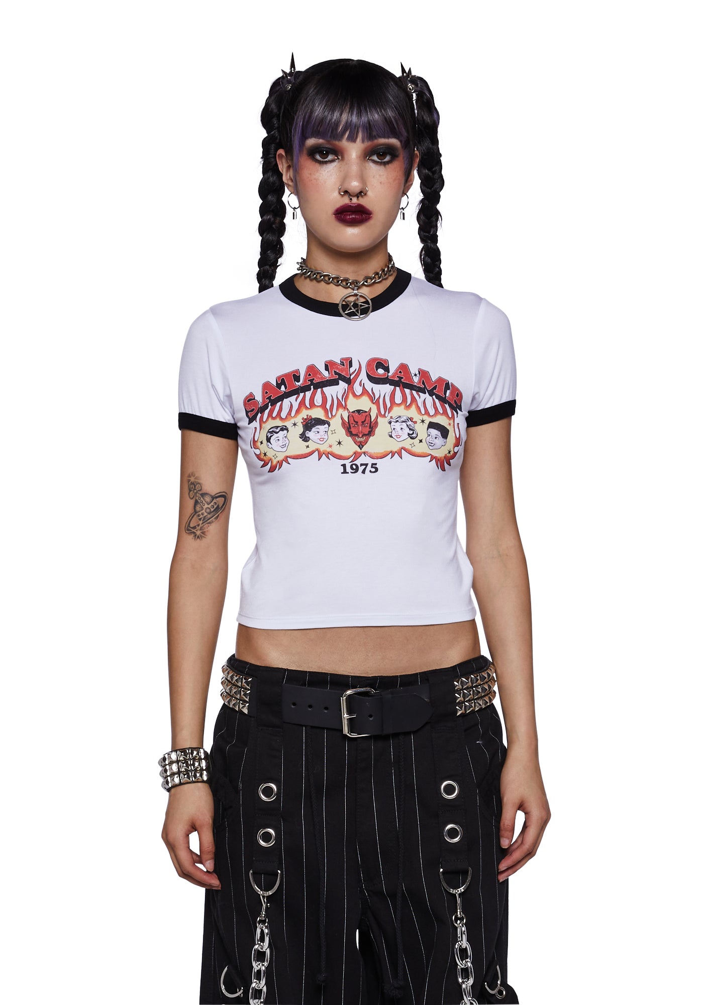 Trickz N Treatz Satan Camp Graphic Ringer Tee - White – Dolls Kill