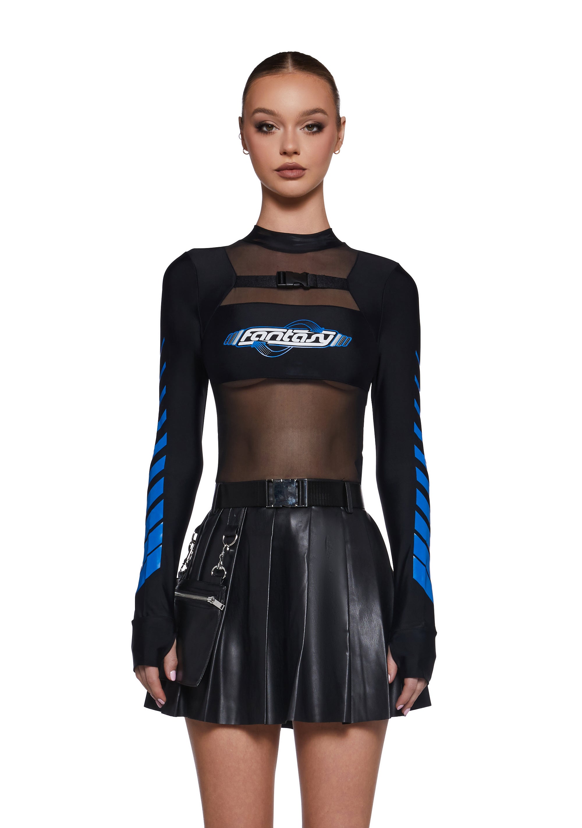 Poster Grl Graphic Long Sleeve Buckle Neck Mesh Top Blue Black – Dolls Kill
