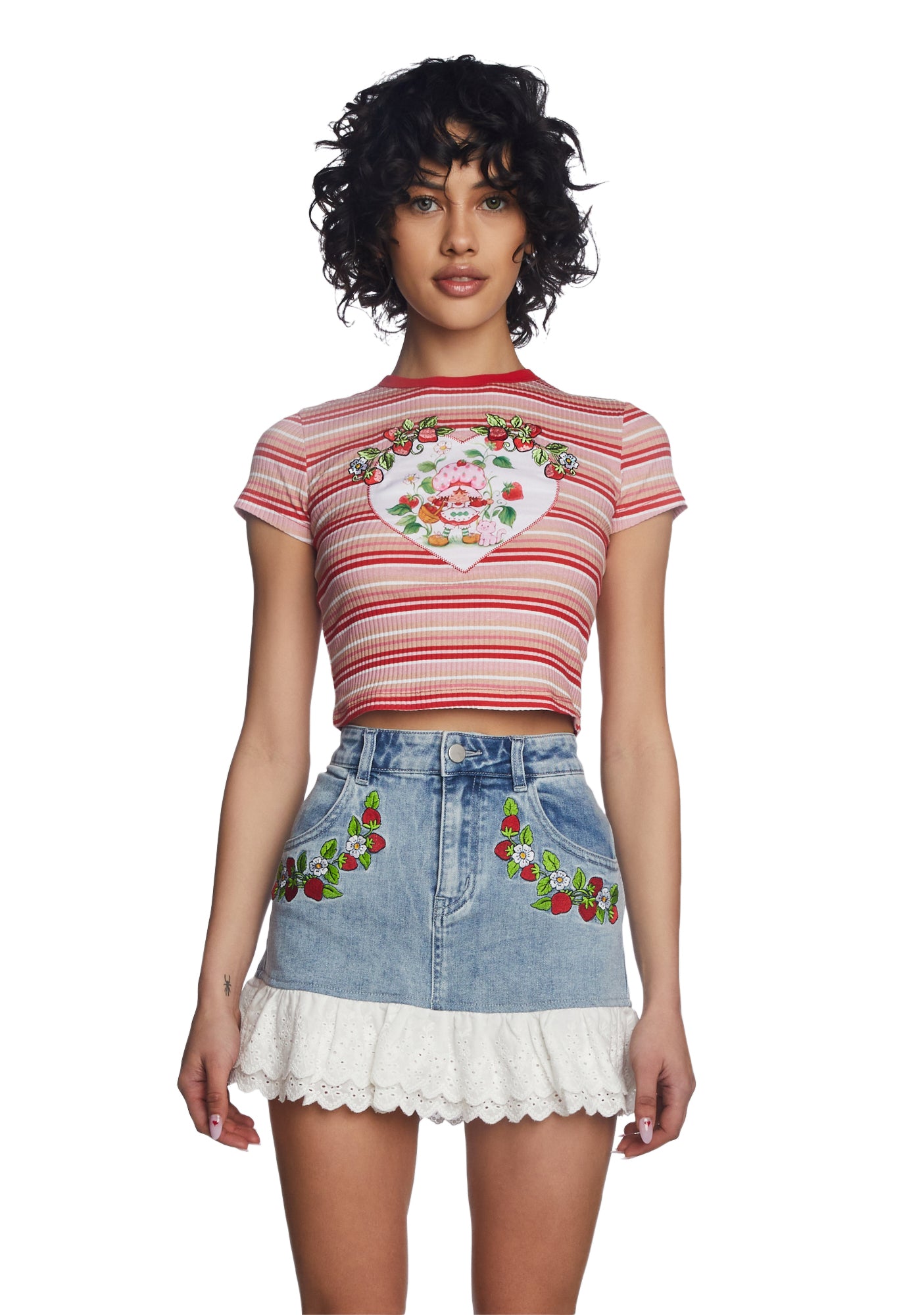 Dolls Kill X Strawberry Shortcake Striped Embroidered Baby Tee - Multi