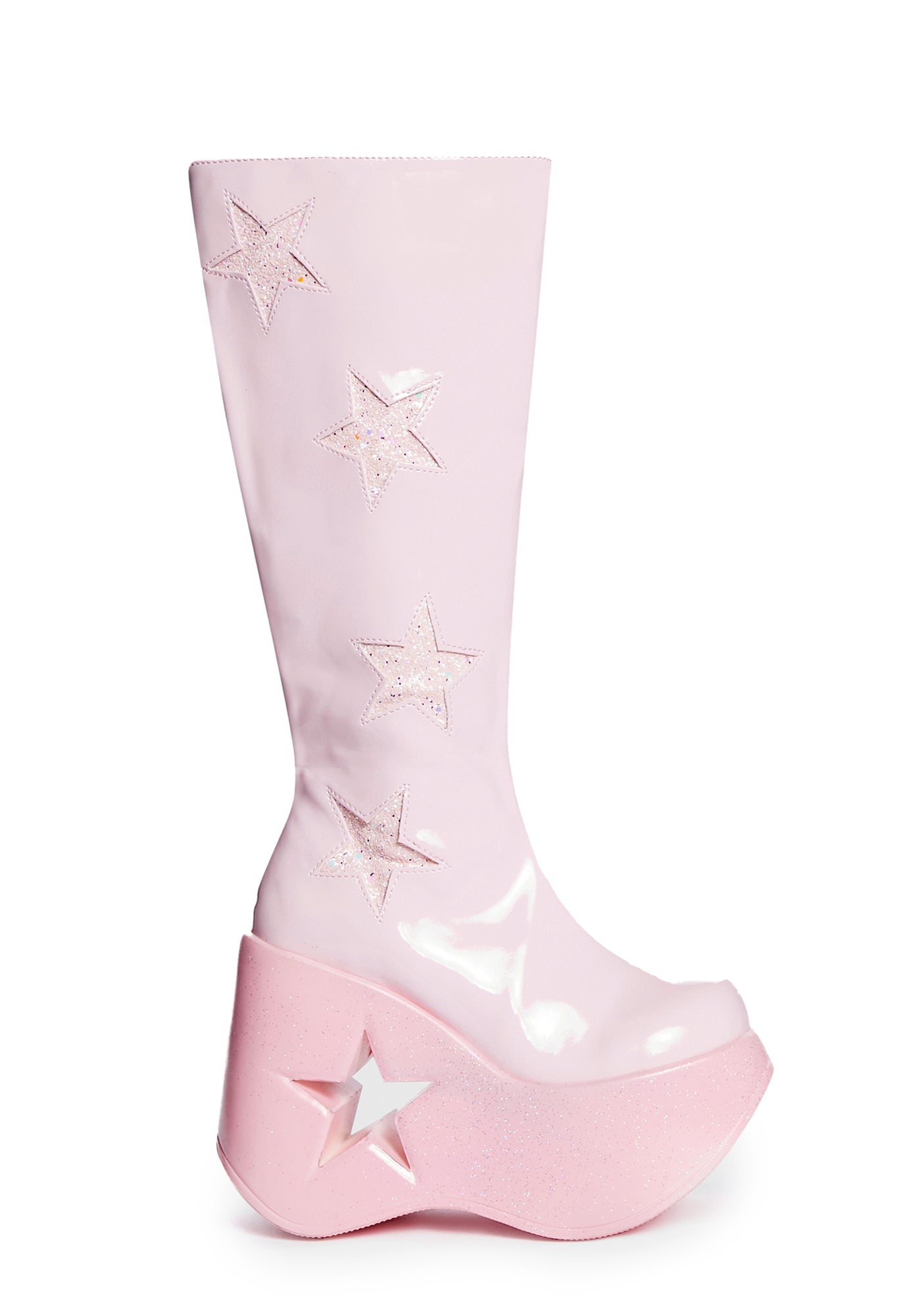Demonia Glitter Star Knee High Platform Boots - Pink Patent – Dolls Kill