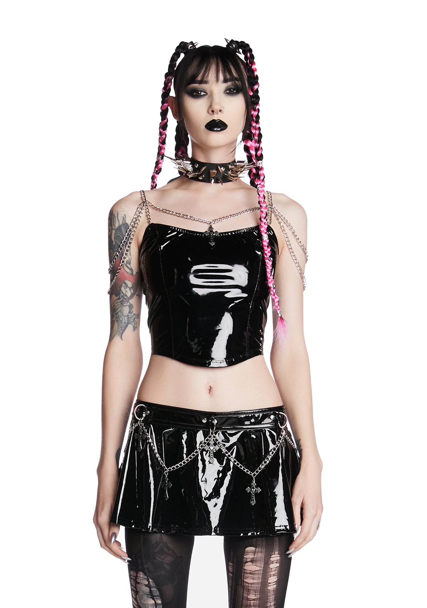 Widow Cross Chain Corset Top - Black Patent – Dolls Kill