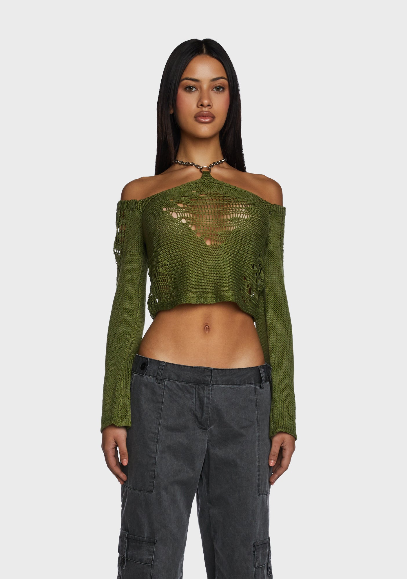 The Ragged Priest Cold Shoulder Halter Chain Crop Sweater - Green ...