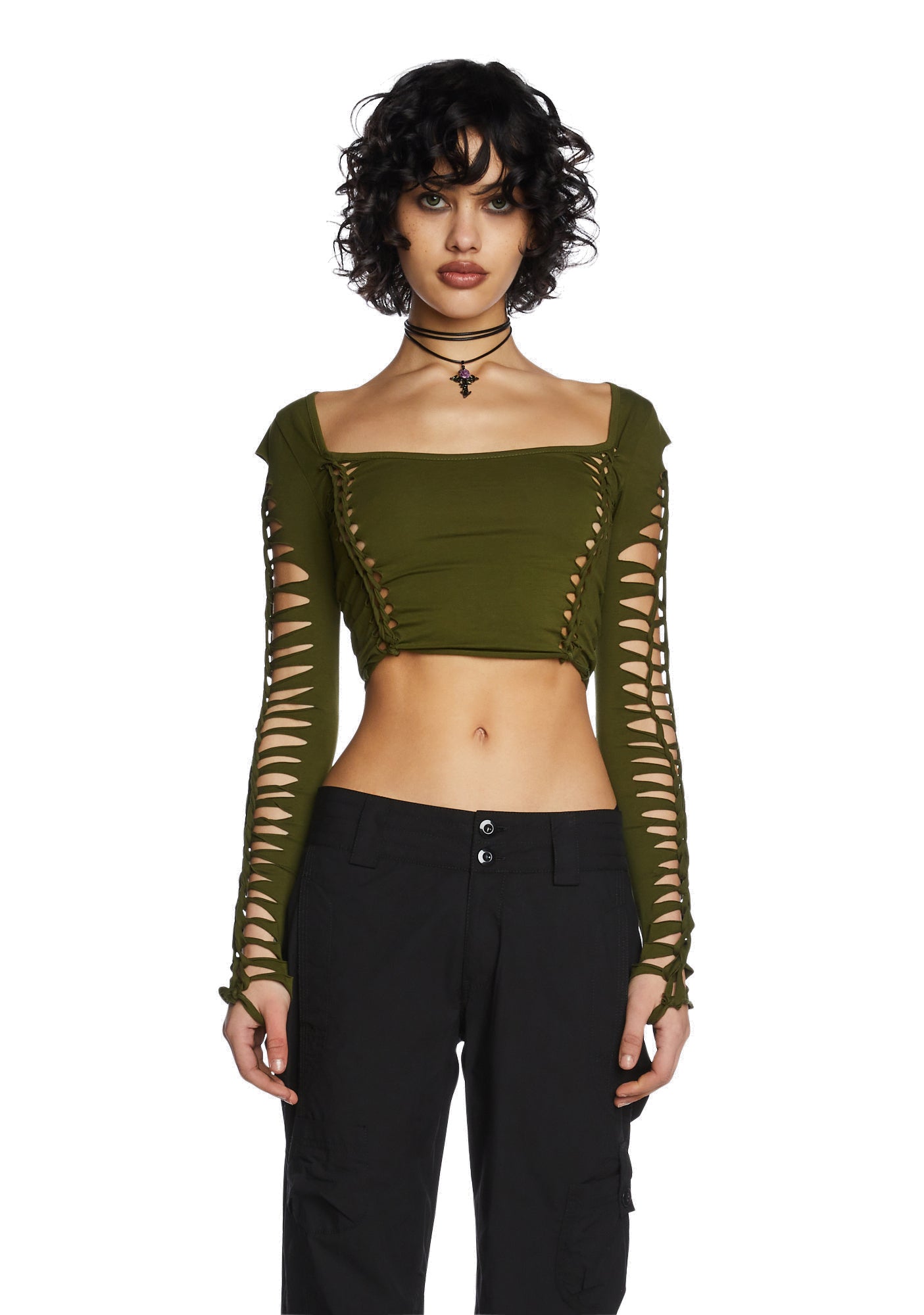 Current Mood Slashed Cut Out Long Sleeve Crop Top - Green – Dolls Kill