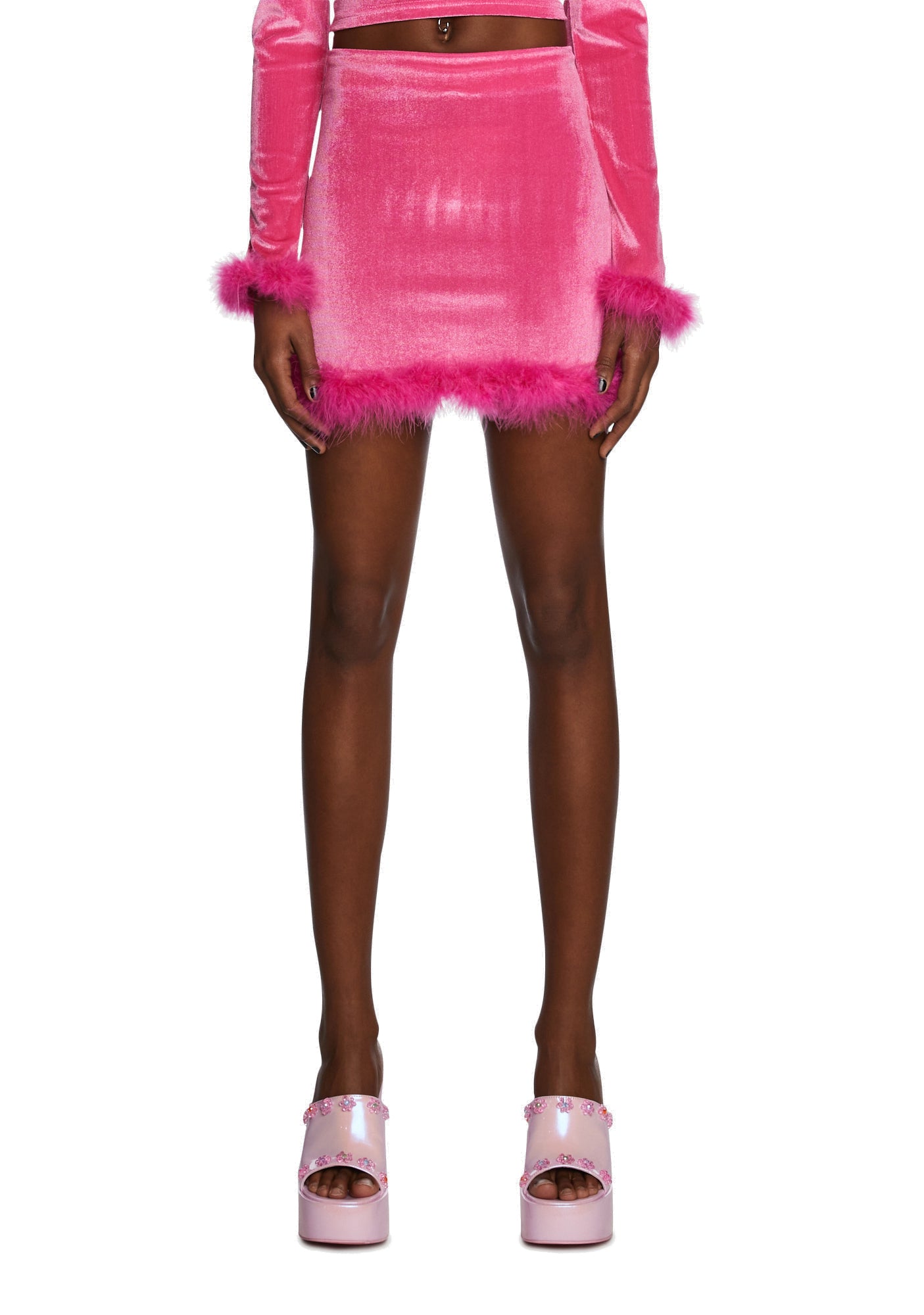 Sugar Thrillz Feather Trim Velvet Mini Skirt - Pink – Dolls Kill