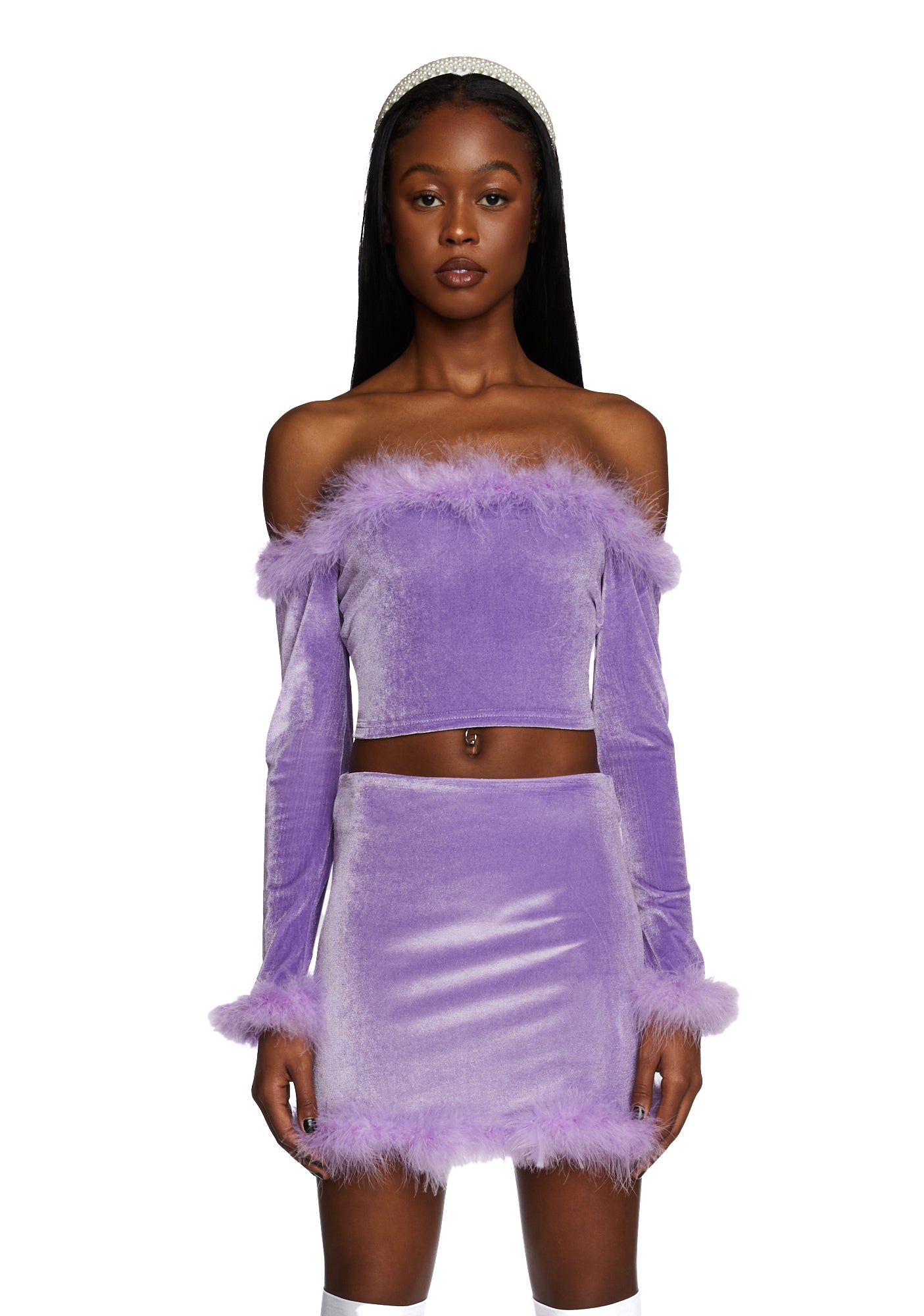 Sugar Thrillz Feather Trim Off The Shoulder Velvet Crop Top - Purple ...