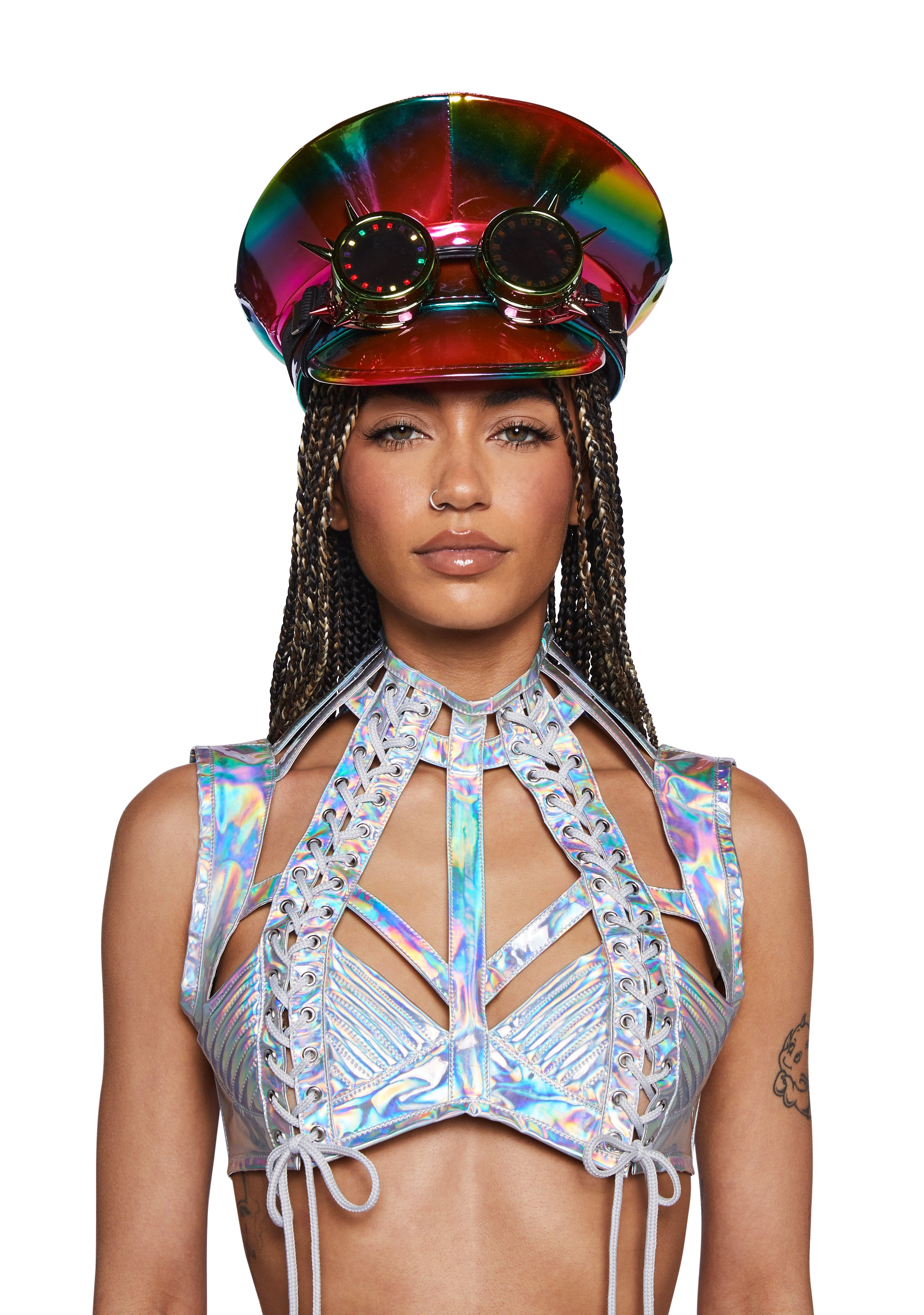 Holographic Captain Hat With Light Up Goggles - Multi – Dolls Kill