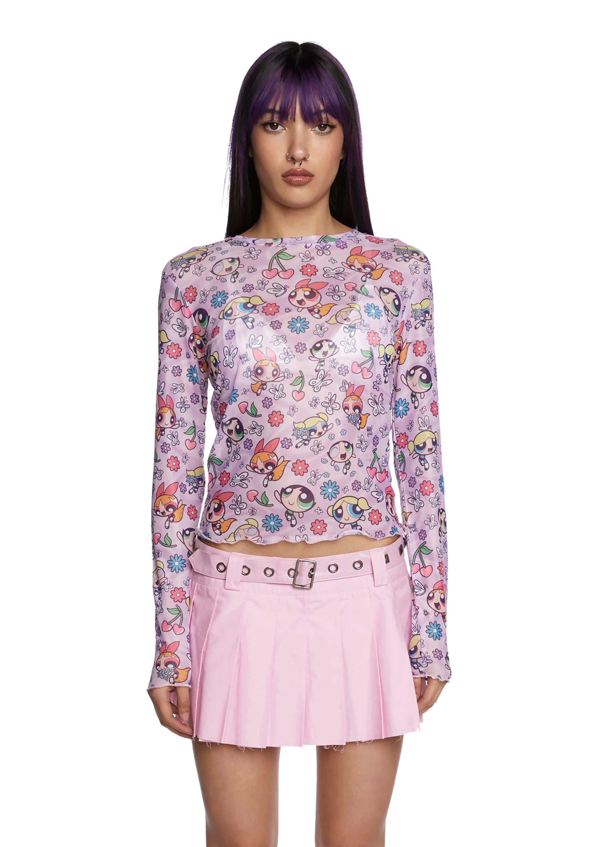 Dolls Kill x The Powerpuff Girls Graphic Print Mesh Long Sleeve Top - Multi