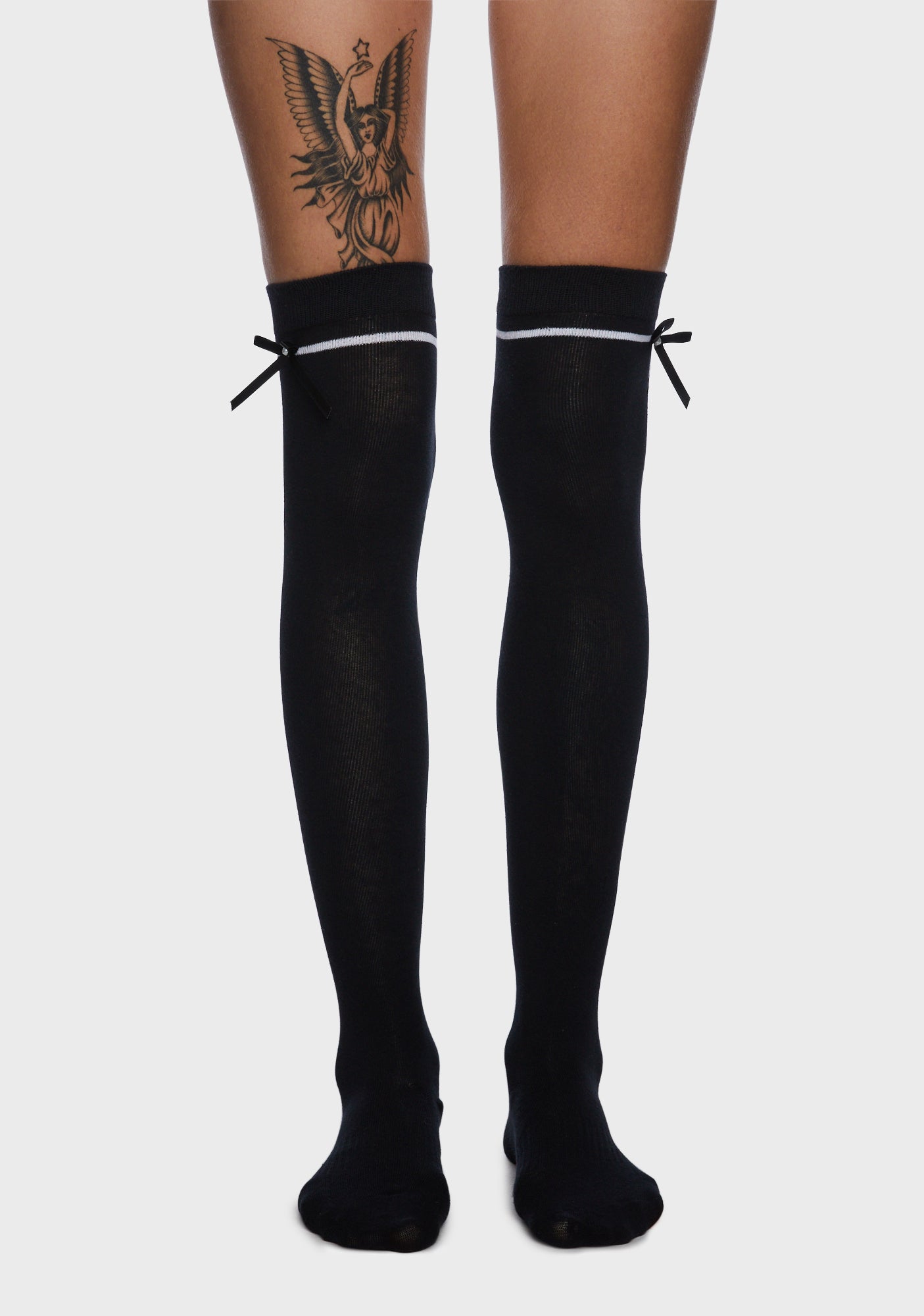 Knit Stripe Bow Pearl Bead Thigh High Socks - Black – Dolls Kill