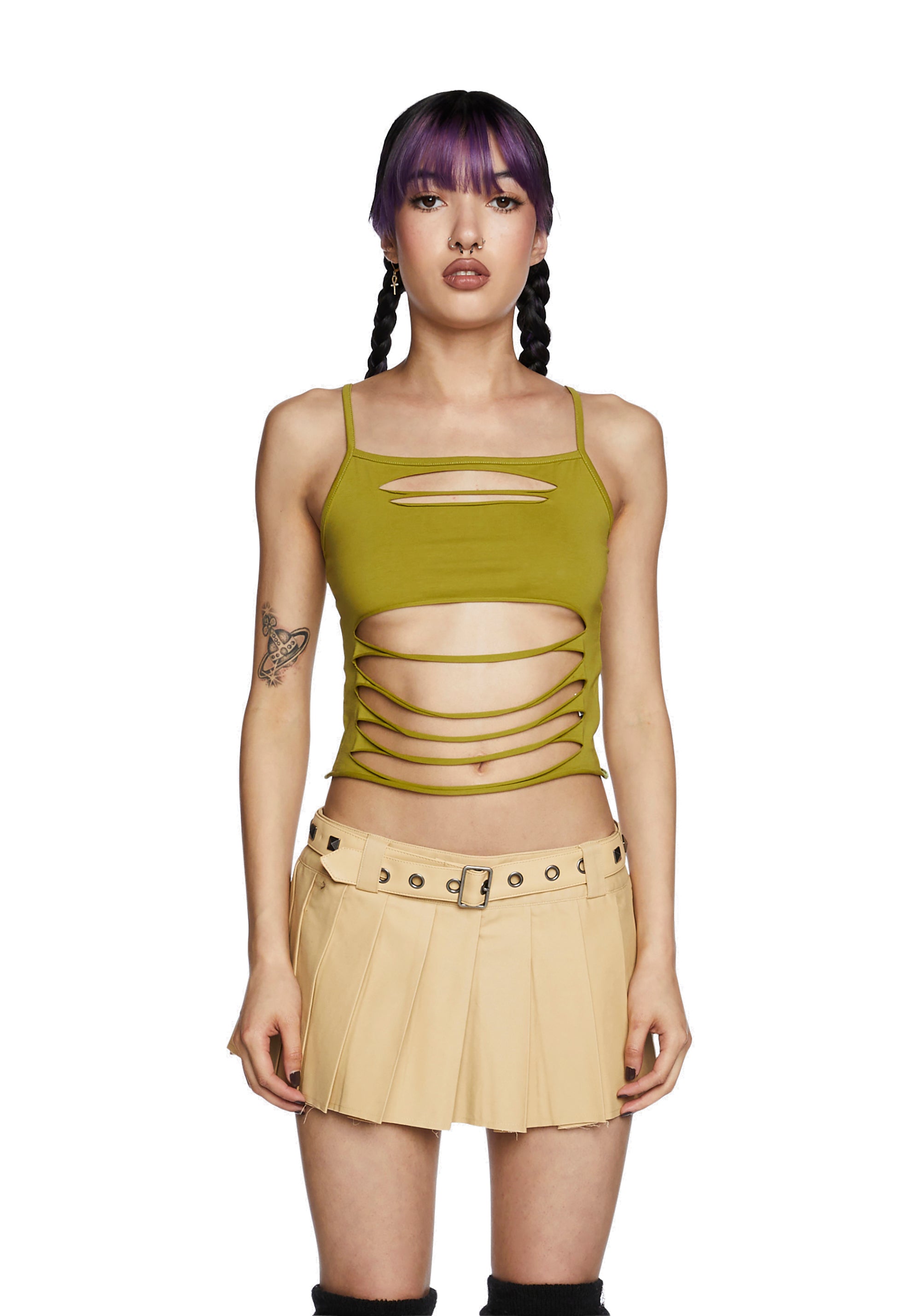 Current Mood Slashed Cutout Crop Tank Top - Green – Dolls Kill