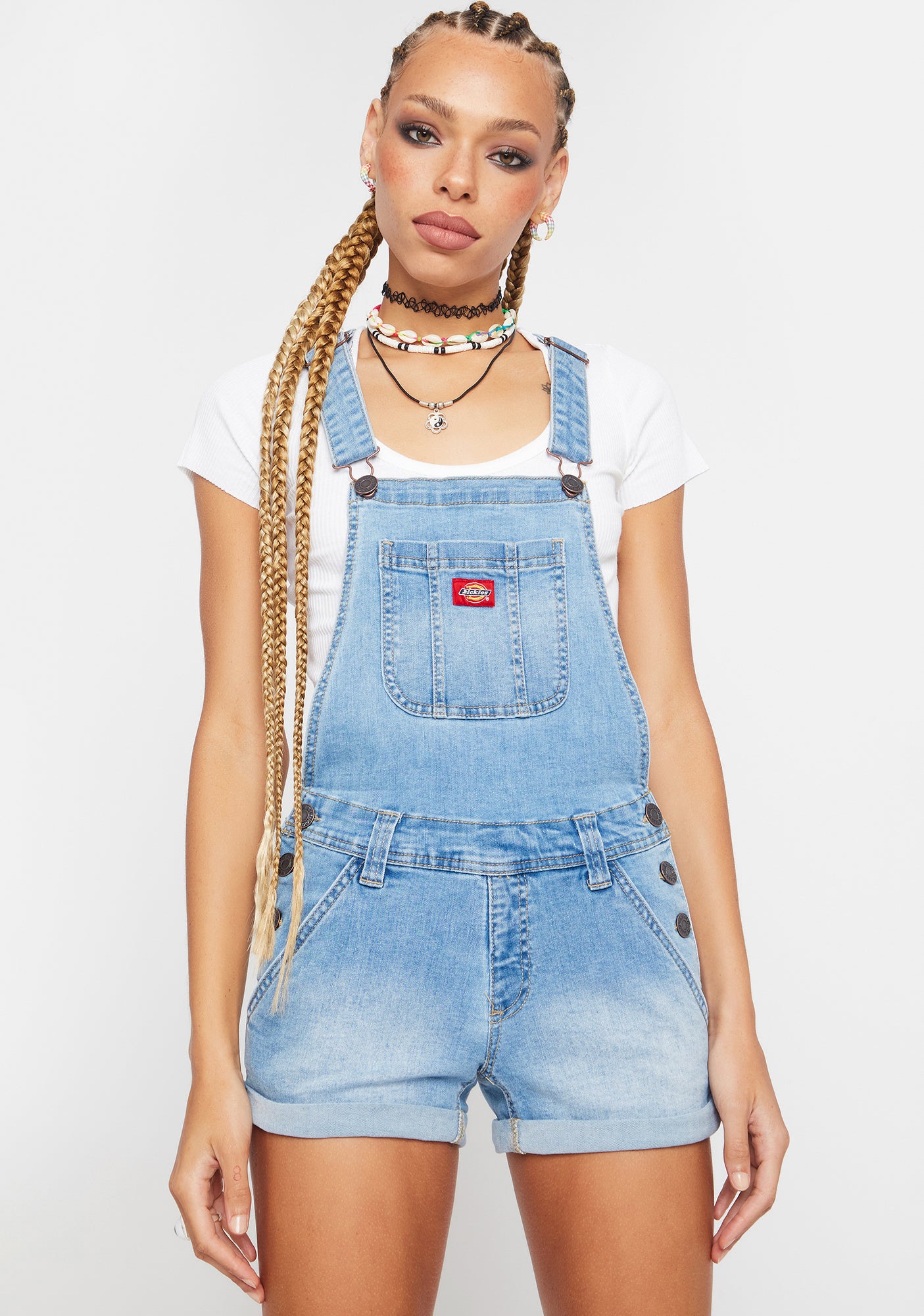 Light Wash Rolled Hem Shortalls – Dolls Kill