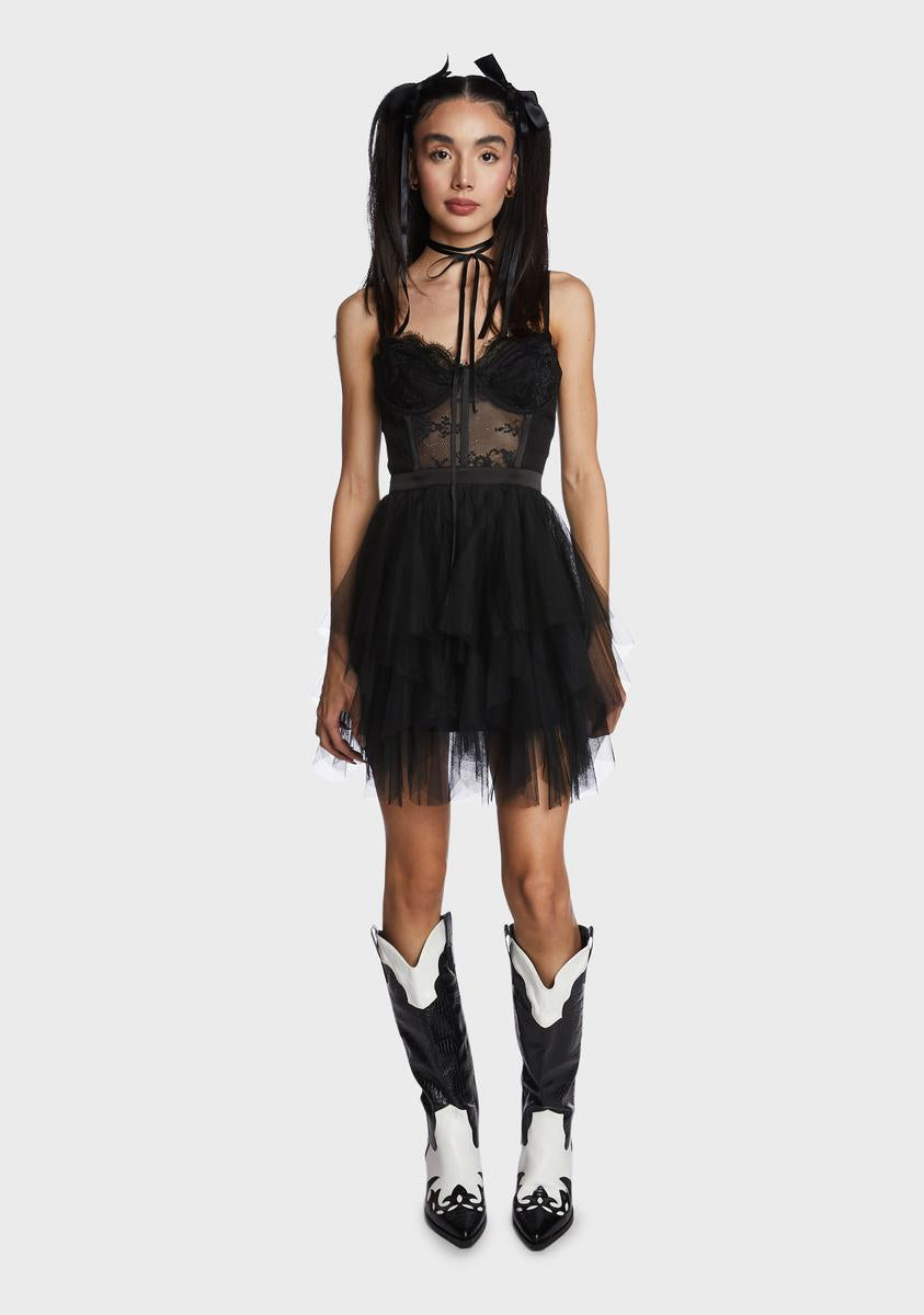Tulle Lace Eyelash Trim Mini Dress - Black – Dolls Kill
