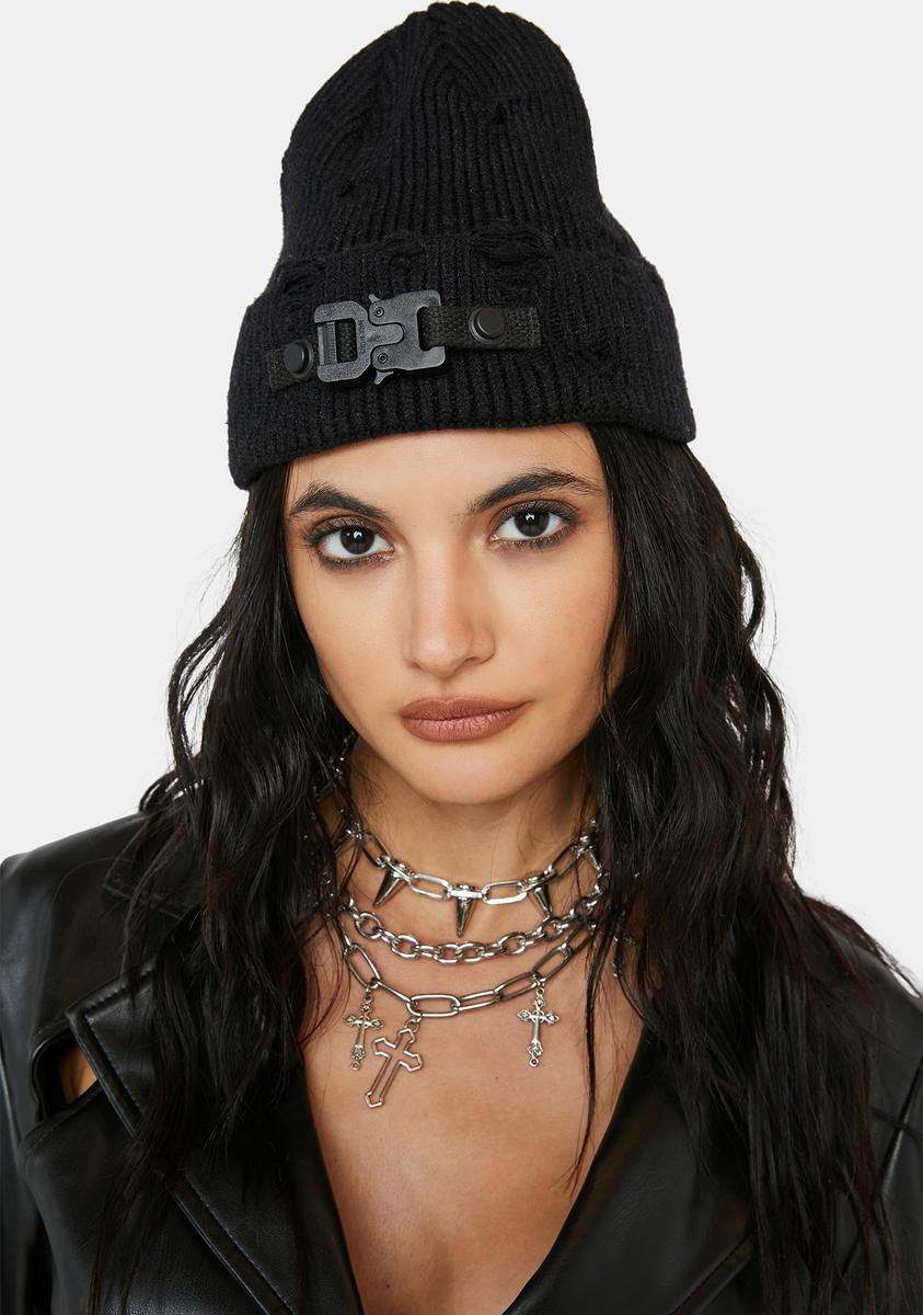 Distressed Knit Buckle Beanie - Black – Dolls Kill