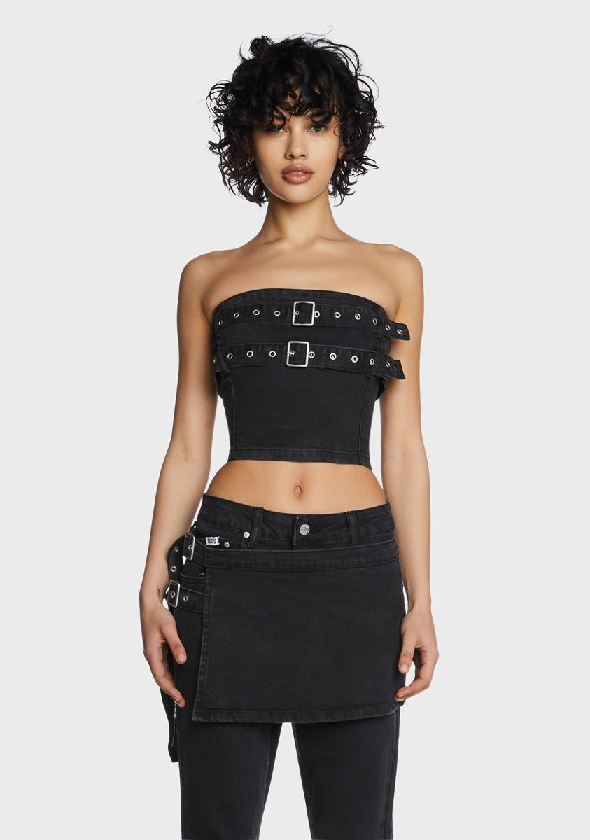The Ragged Priest Belted Denim Corset Top - Charcoal – Dolls Kill