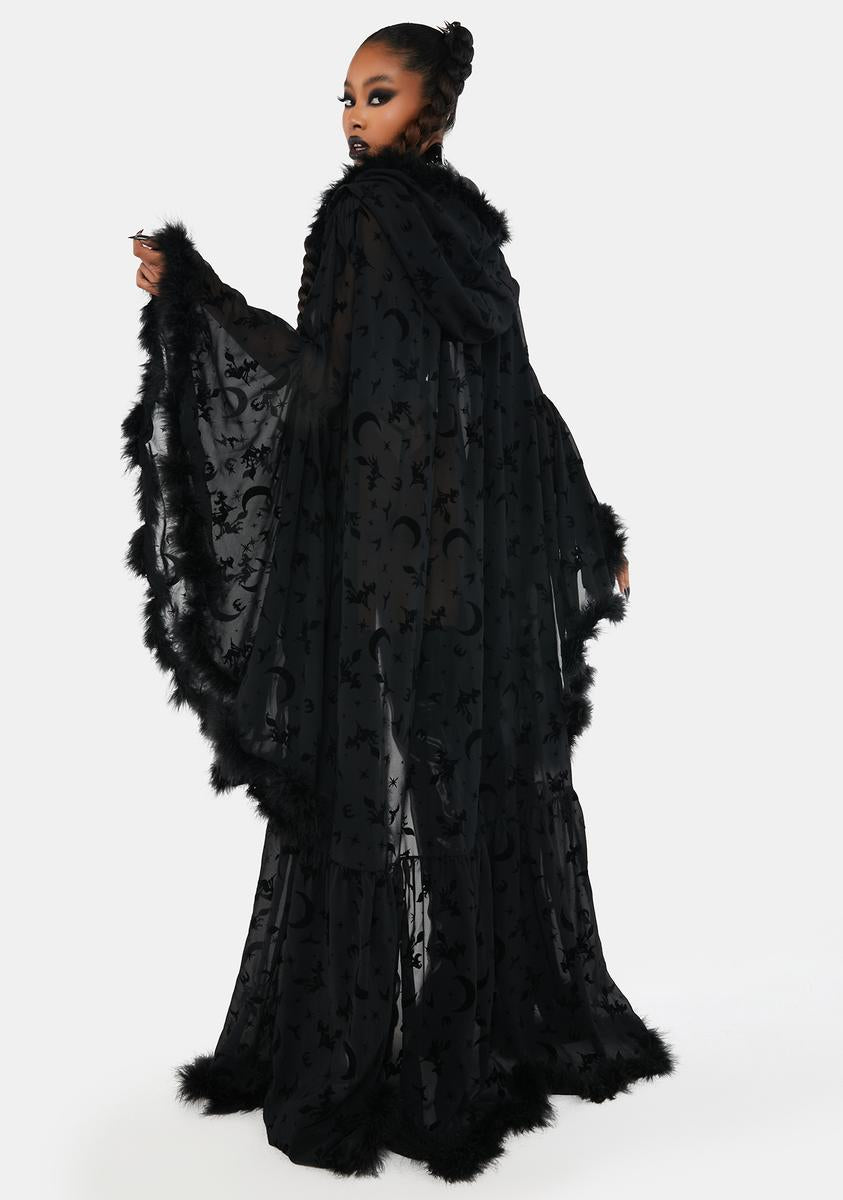 Trickz N' Treatz Witch Bat Velvet Marabou Sheer Robe - Black – Dolls Kill