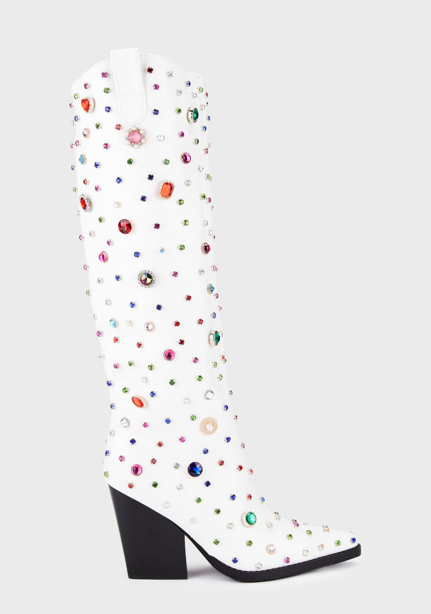 AZALEA WANG Gemstone Rhinestone Cowboy Boots - White – Dolls Kill
